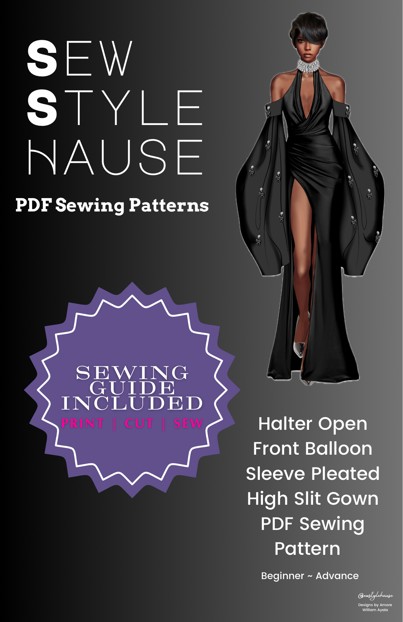 Halter Open Front Pleated High Slit Balloon Sleeve Gown PDF Sewing ...