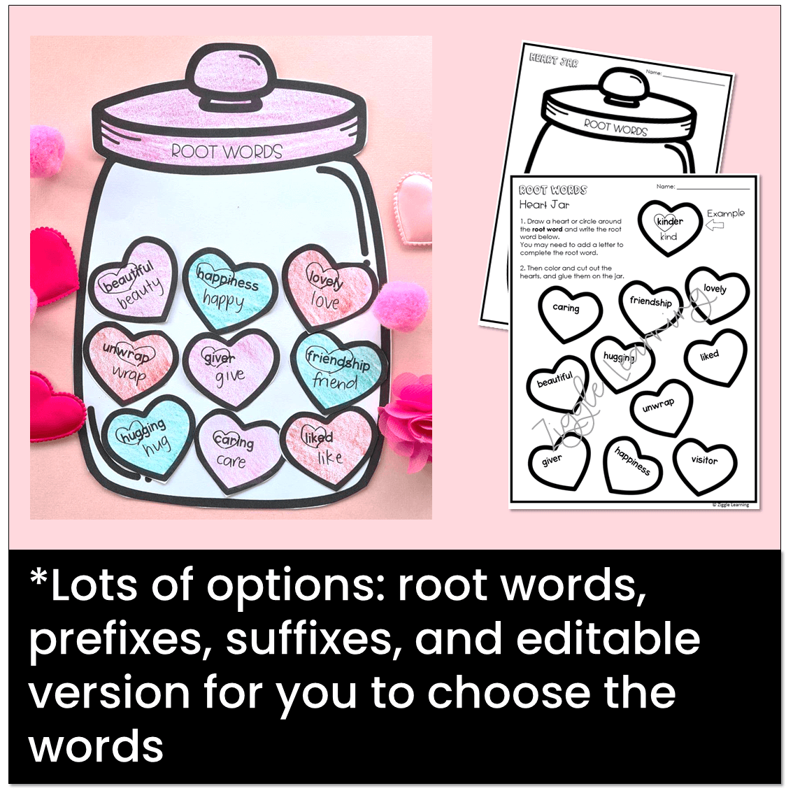 Valentine's Heart Jar Root Words, Prefixes, and Suffixes Craft Grammar ...