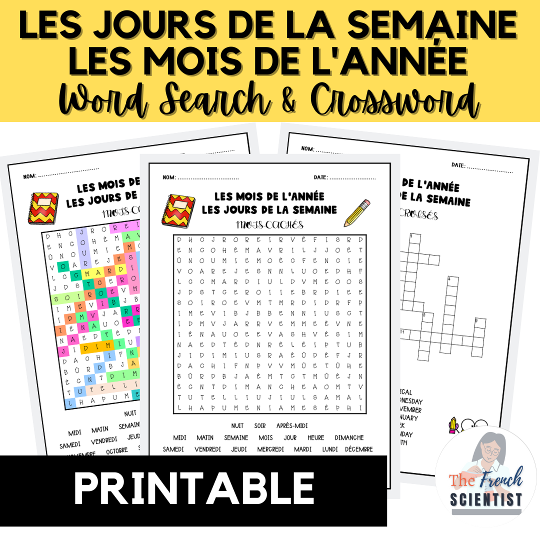 Les Jours de la Semaine & Les Mois de l'Année Word Search & Crossword ...
