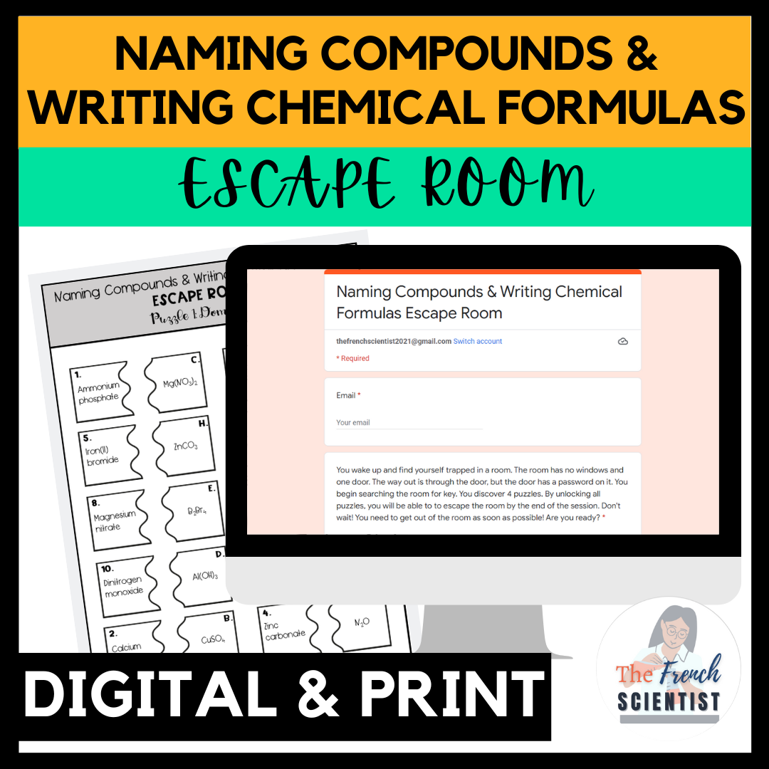CHEMISTRY Naming Compounds & Writing Chemical Formulas Escape Room ...