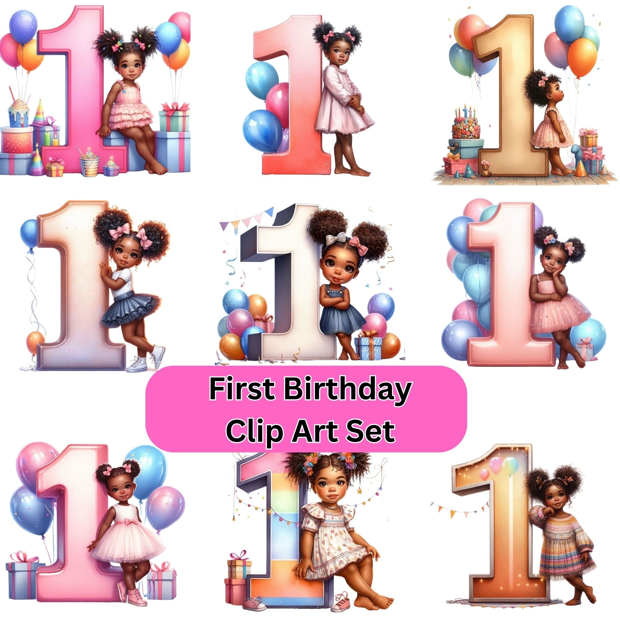 First Birthday Number Art | Black Girls | Baby Birthday Clip Art - Payhip