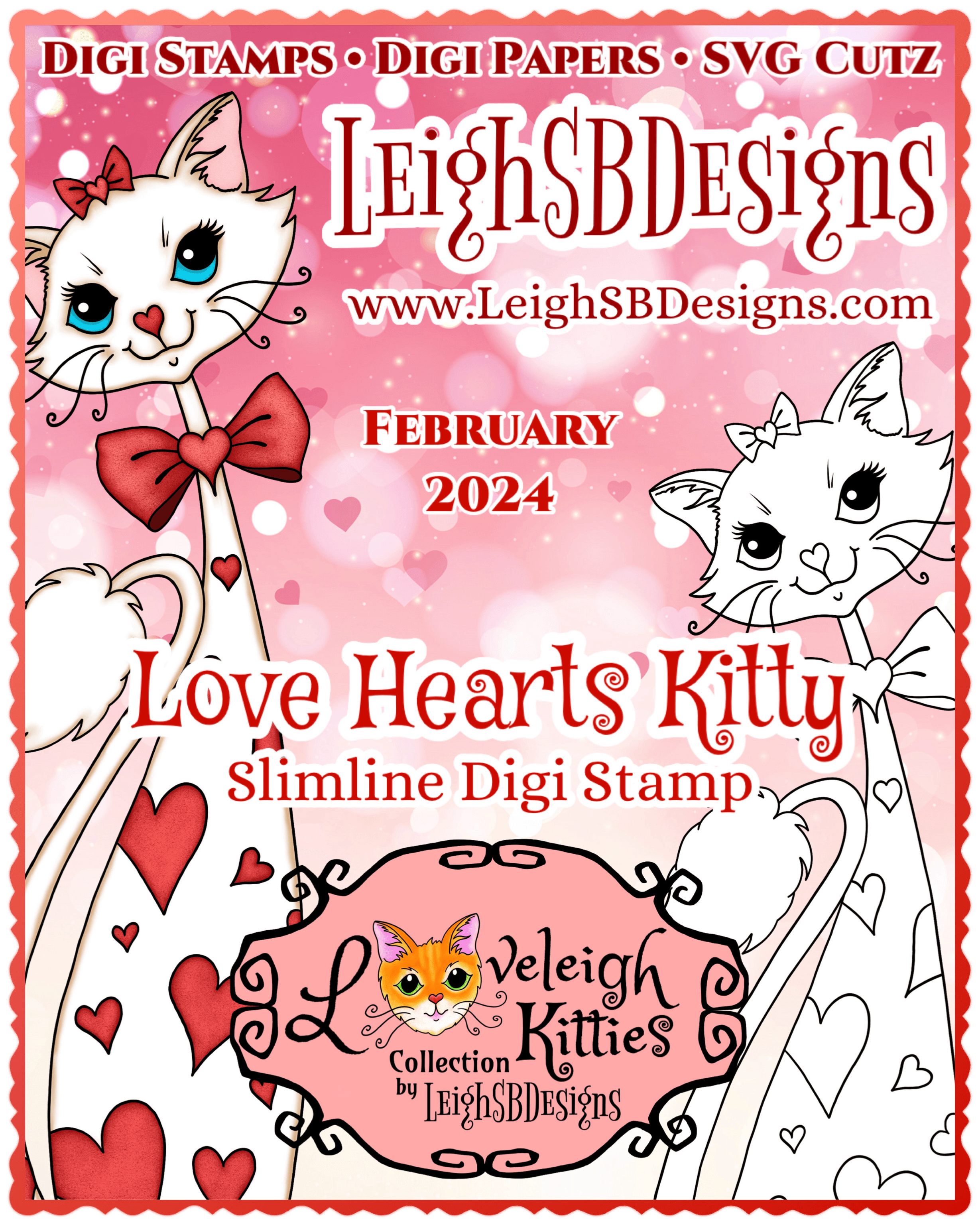 Love Hearts Kitty - Slimline Digi Stamp - Loveleigh Kitties Collection ...