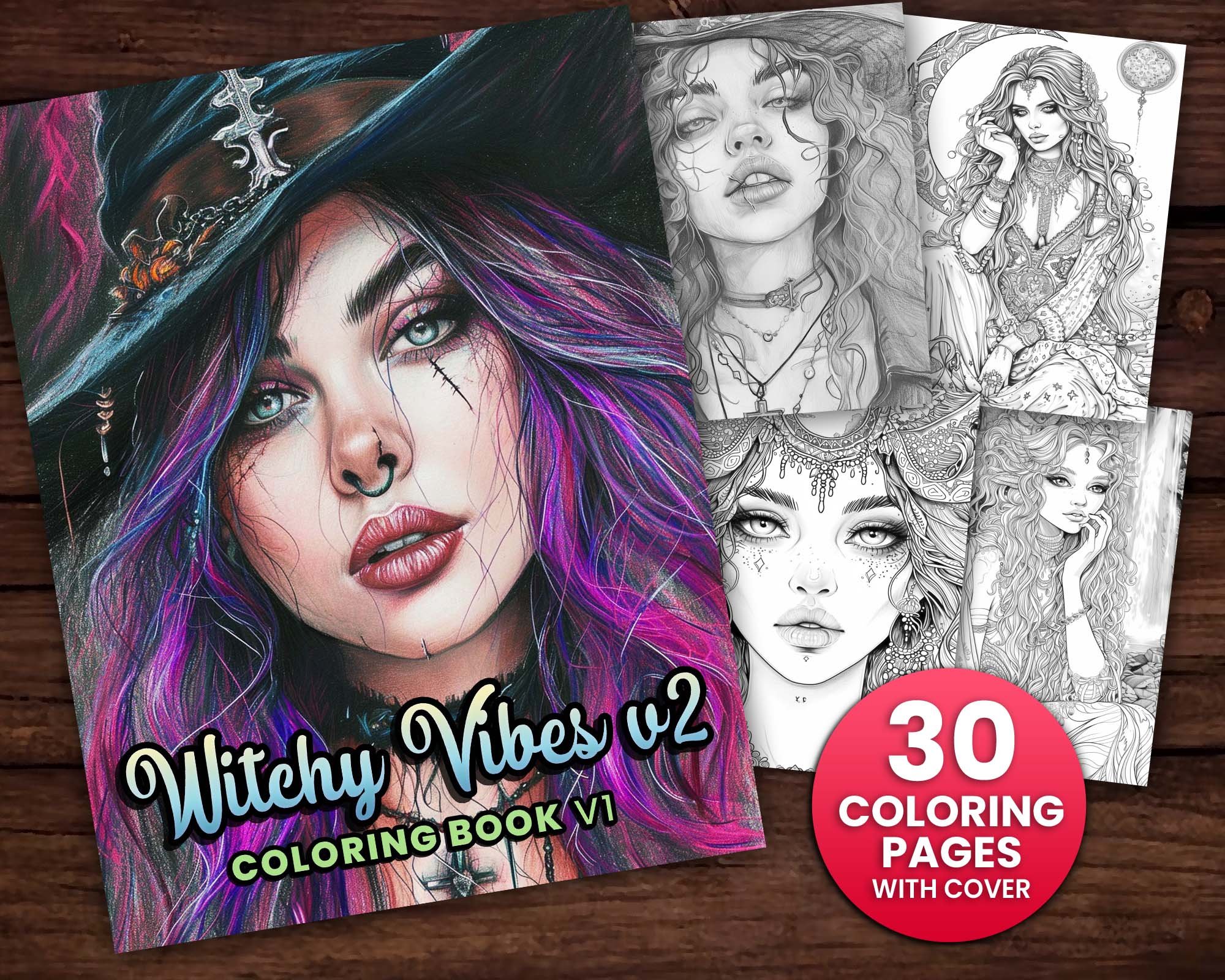30 Witchy Vibes v2 Coloring Book, Adults kids- Download - Grayscale ...