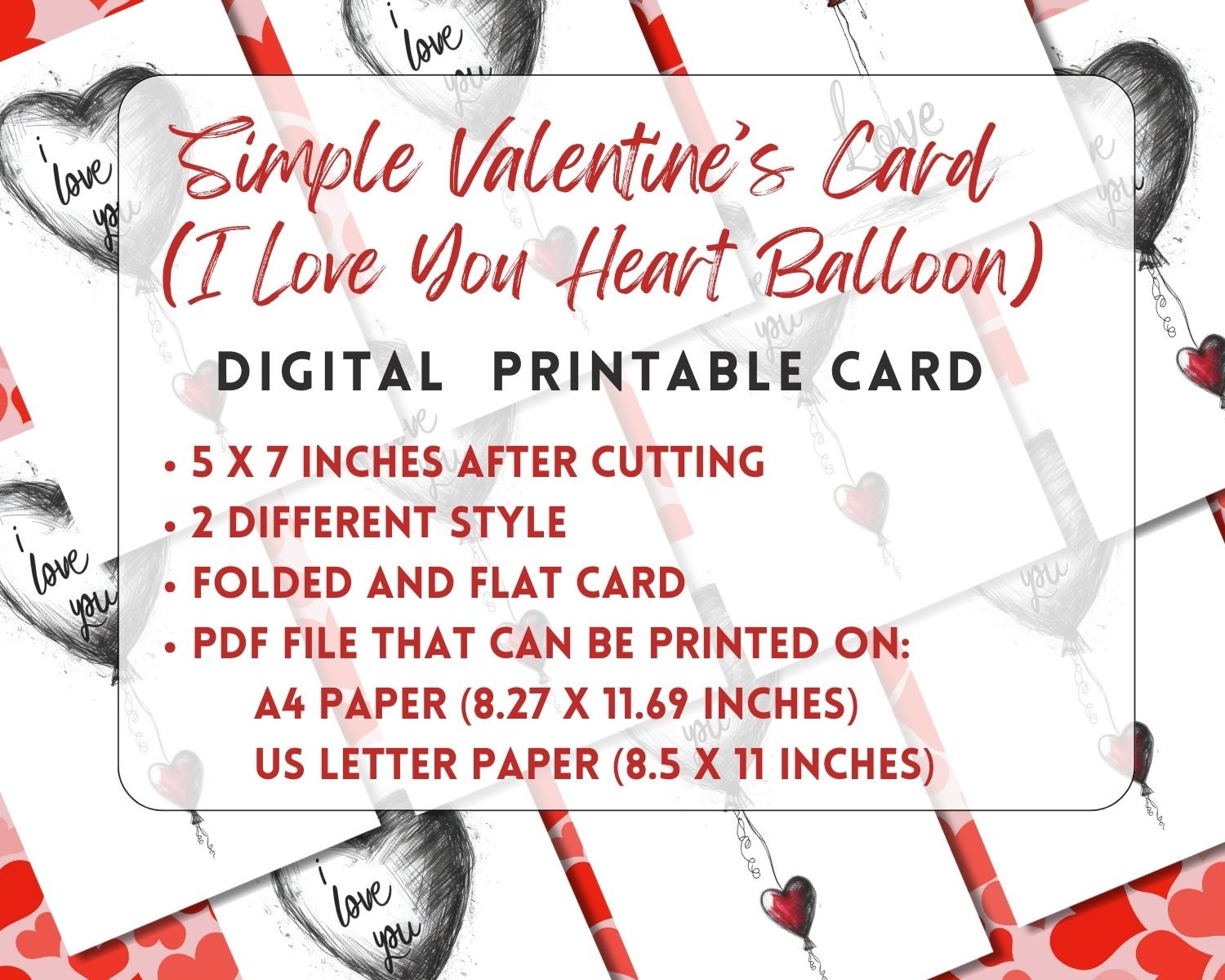 I Love You Heart Balloon Simple Valentine's Card (Printable Valentine's ...