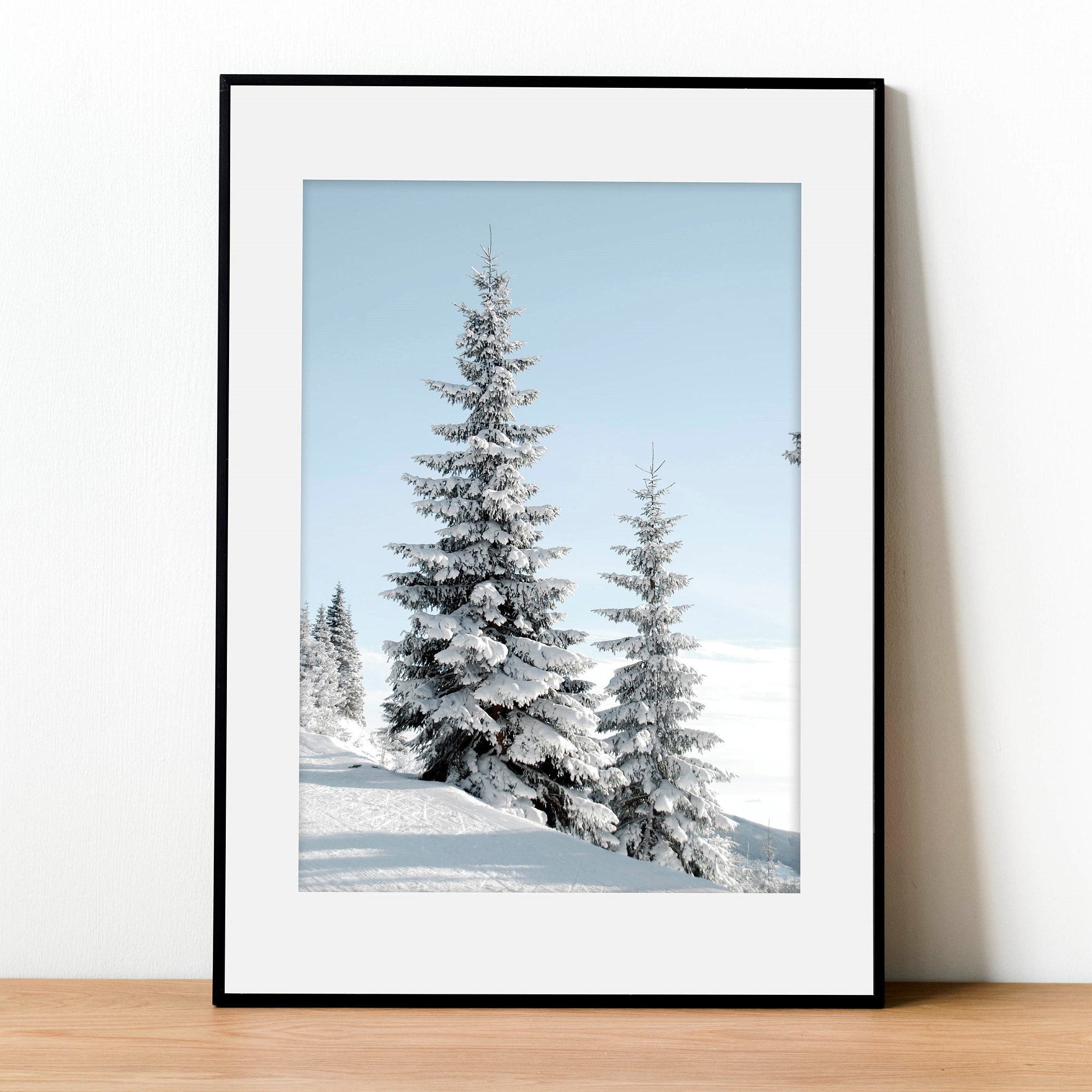 Snowy pine trees winter printable wall decor | Tree covered in snow ...