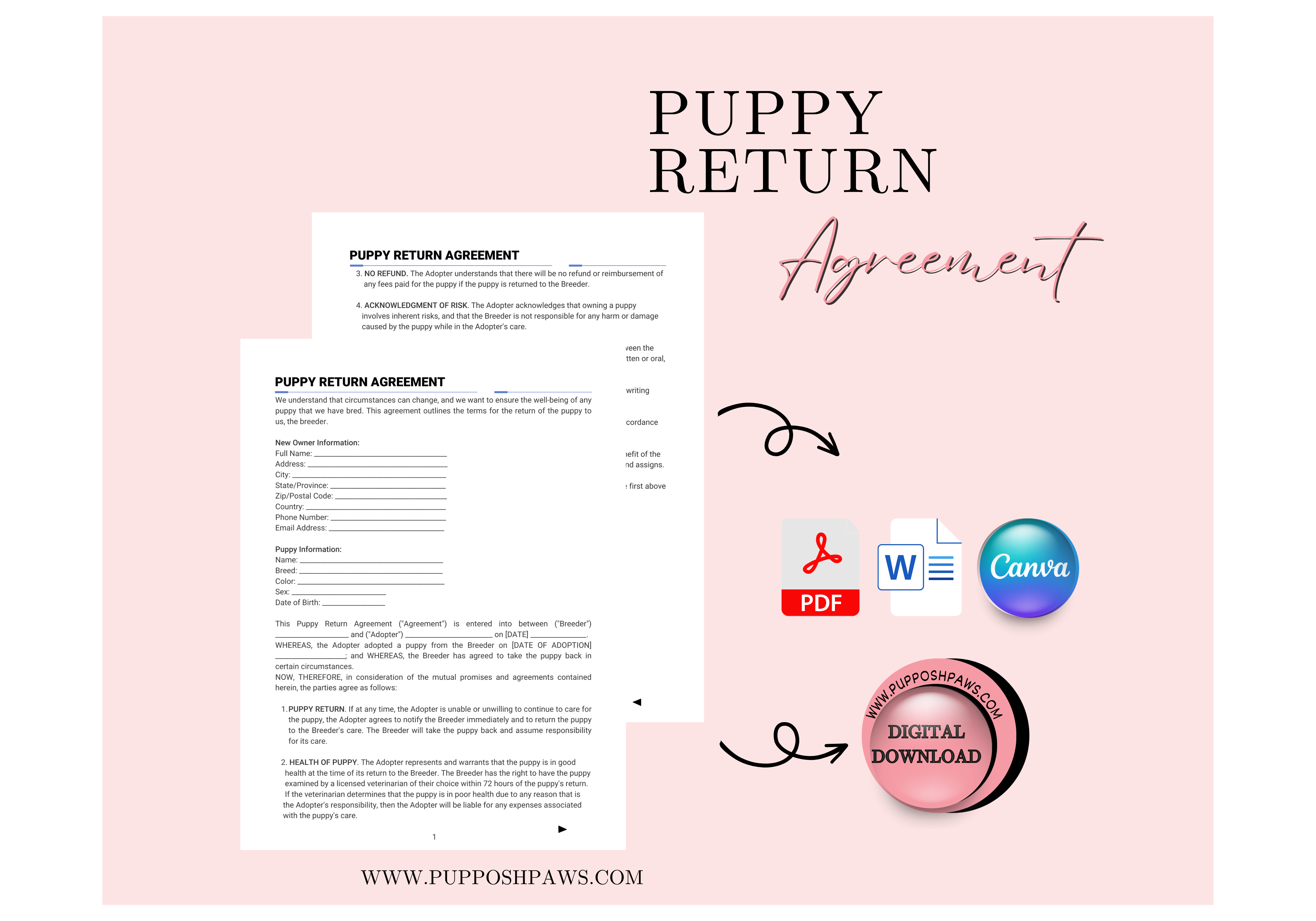 Puppy Return Agreement Contract, Breeding Contract Template, Simple Dog ...