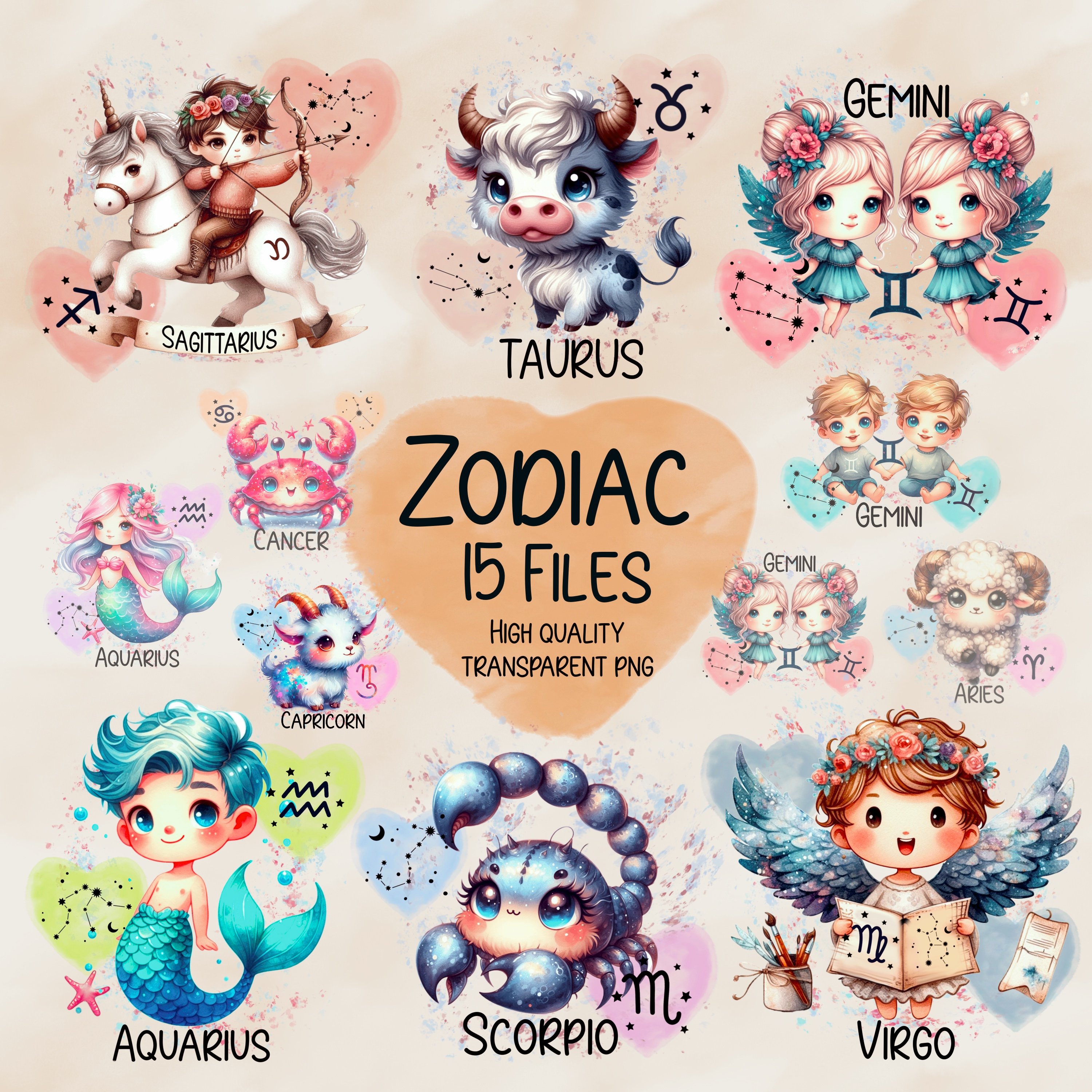 Beautiful watercolour whimsical zodiac designs. 15 high quality PNGs ...