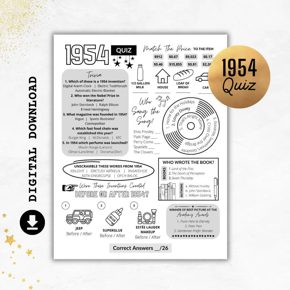 1954 QUIZ - Trivia For Birthday / Anniversary - Digital Download
