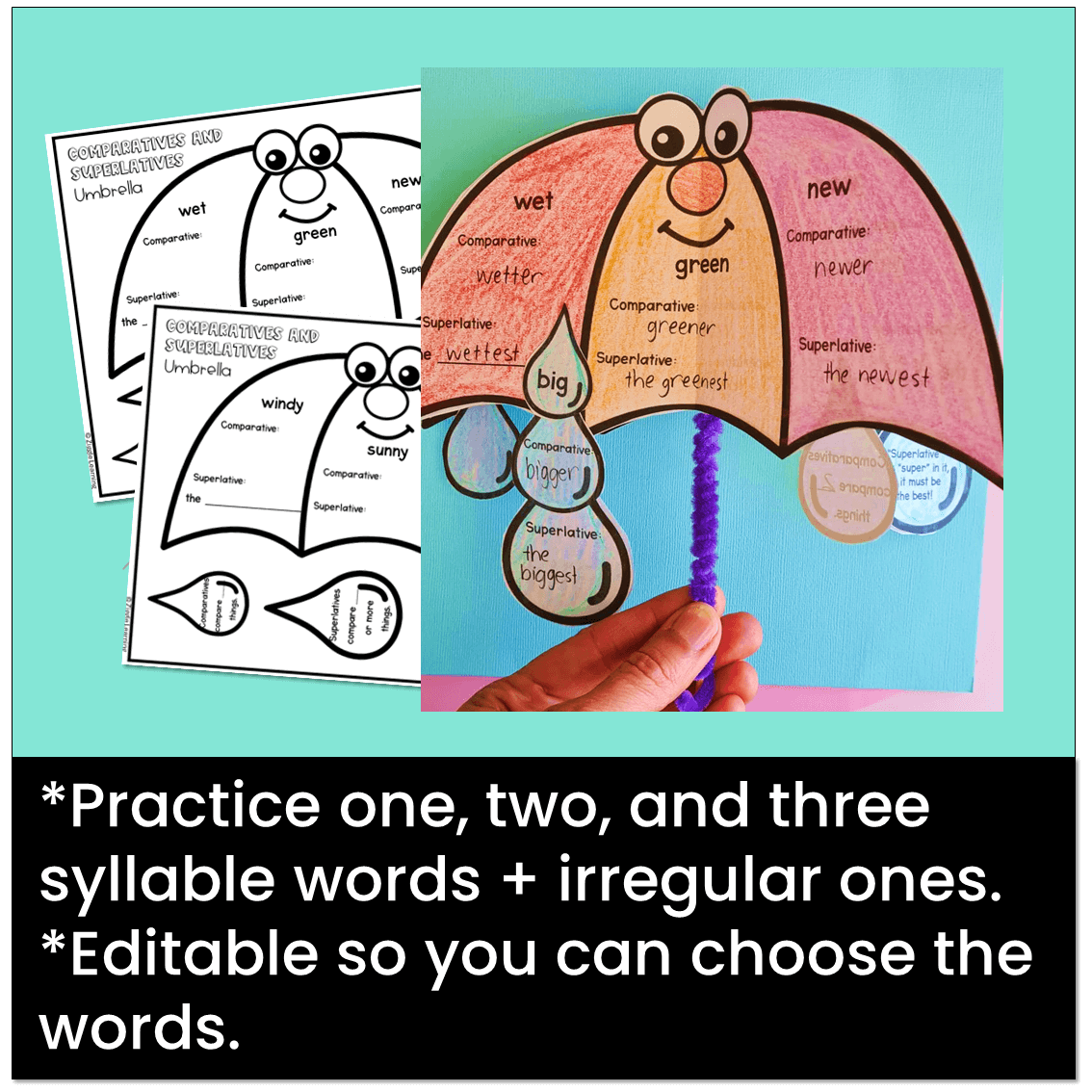 Spring Umbrella Comparatives and Superlatives Craft Grammar Activity