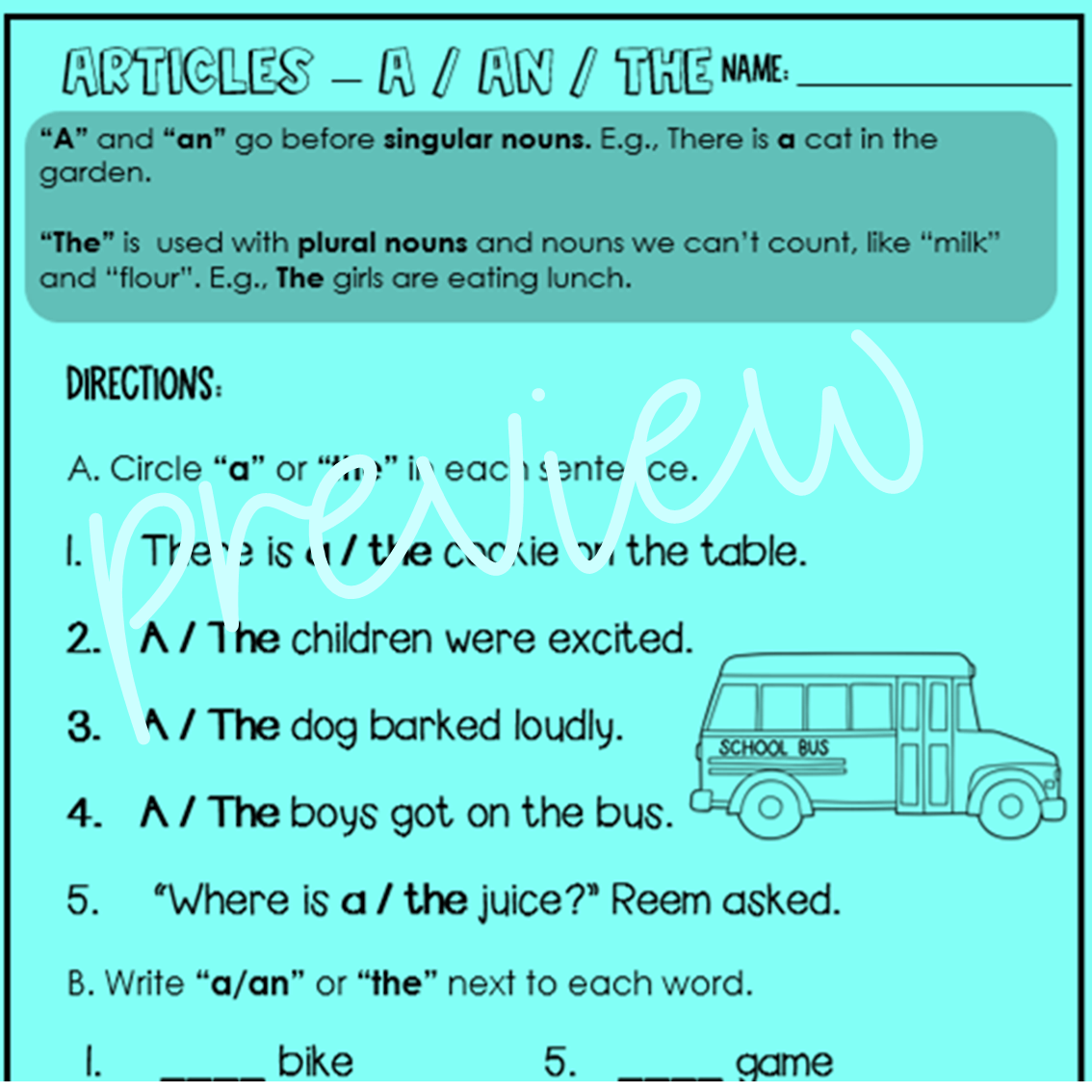 Articles Grammar Worksheets