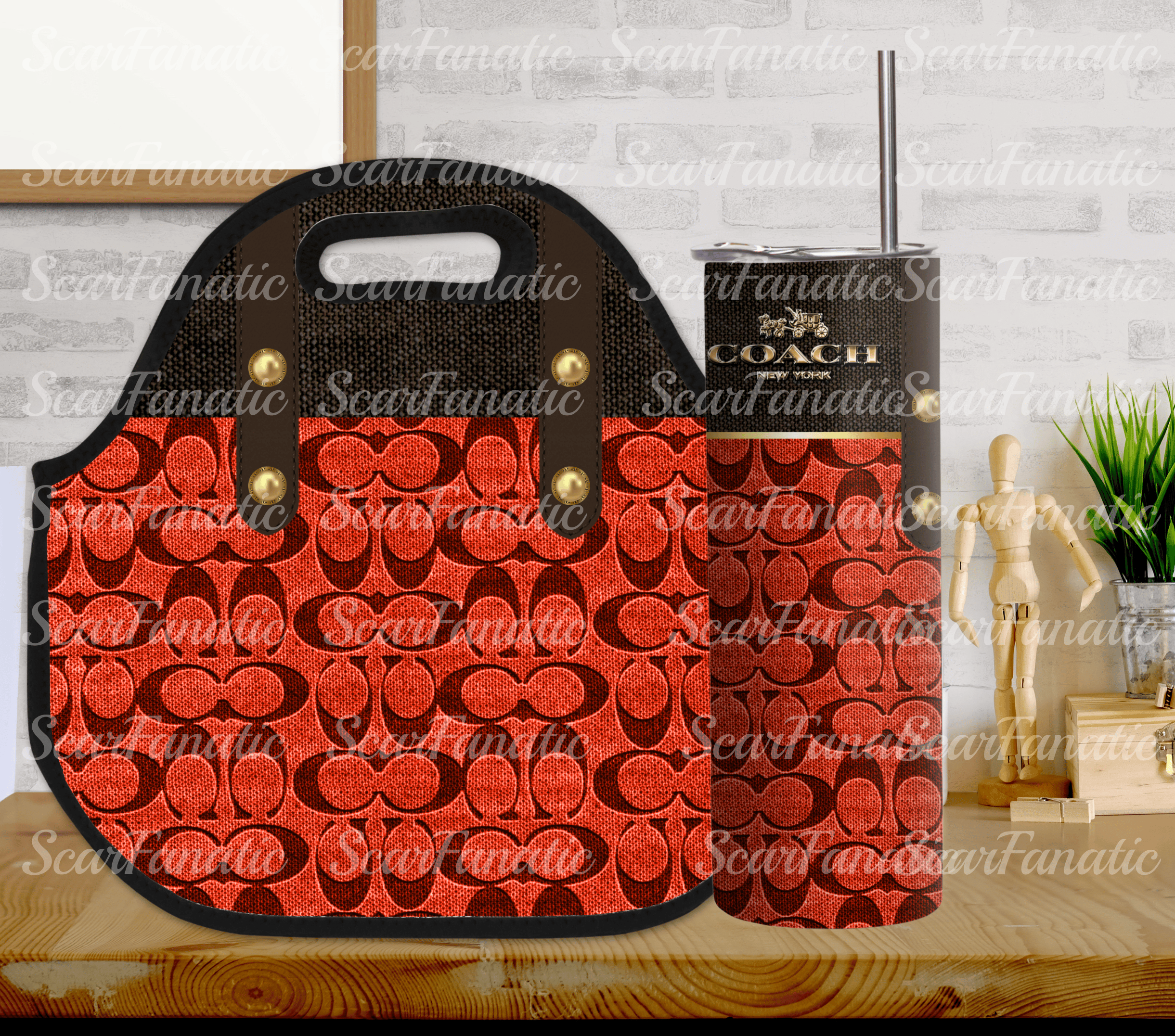 Orange and Brown Denim Purse Look 20oz Skinny Tumbler and Lunch Tote ...