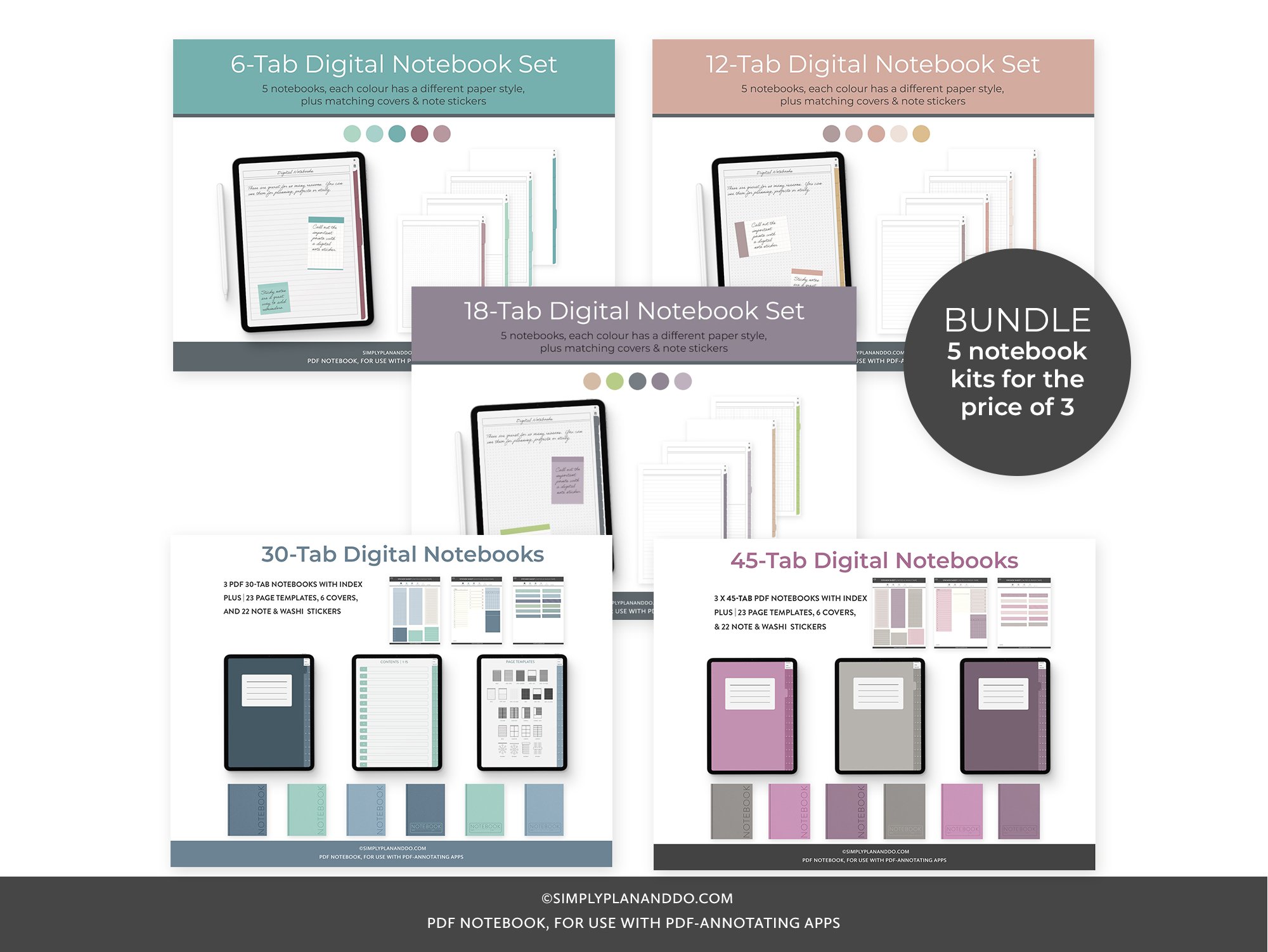 BUNDLE Tabbed Digital Notebooks | 6-Tab, 12-Tab, 18-Tab, 30-Tab, 45-Tab