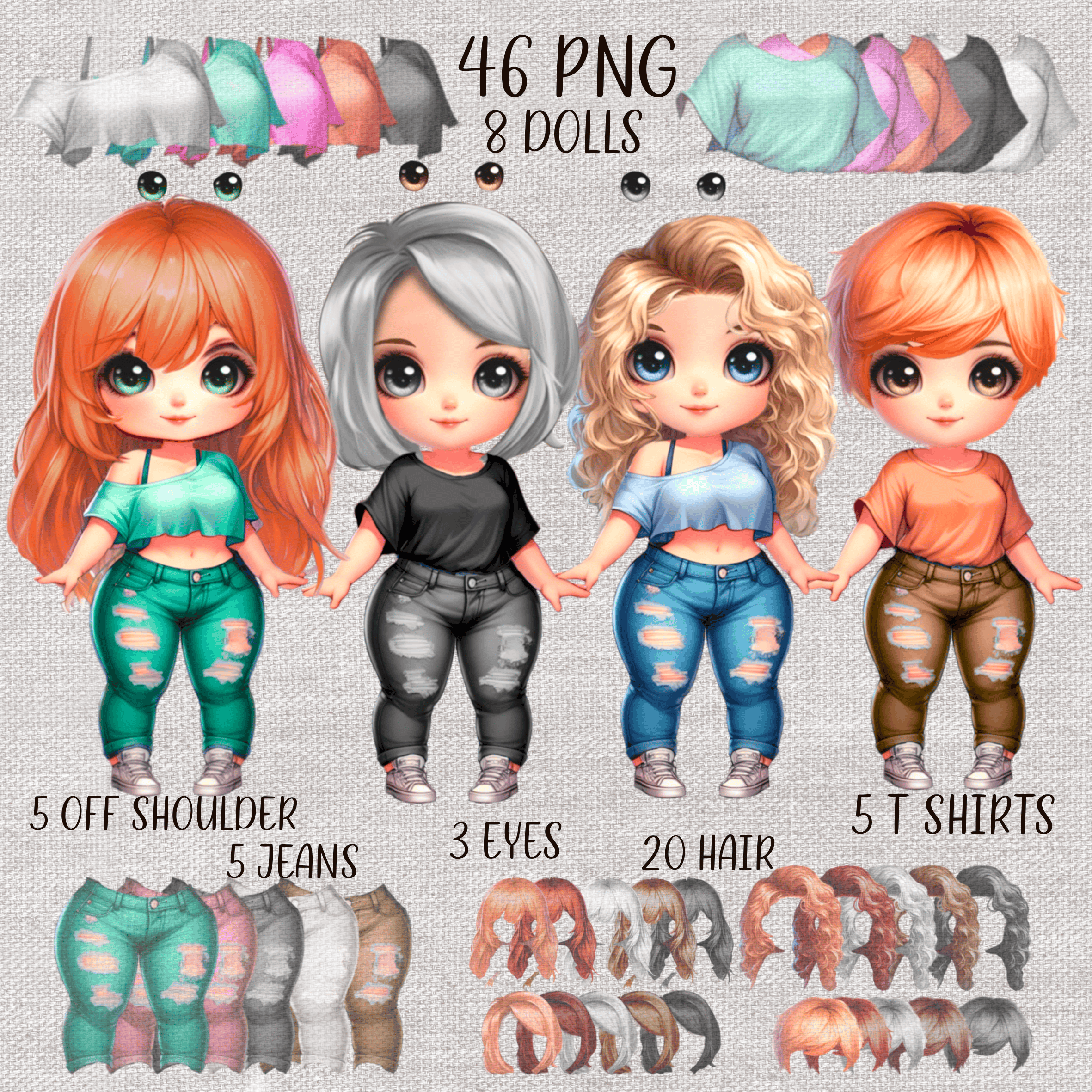Curvy girls Chibi doll. 8 dolls plus hair, eye, clothing clipart ...