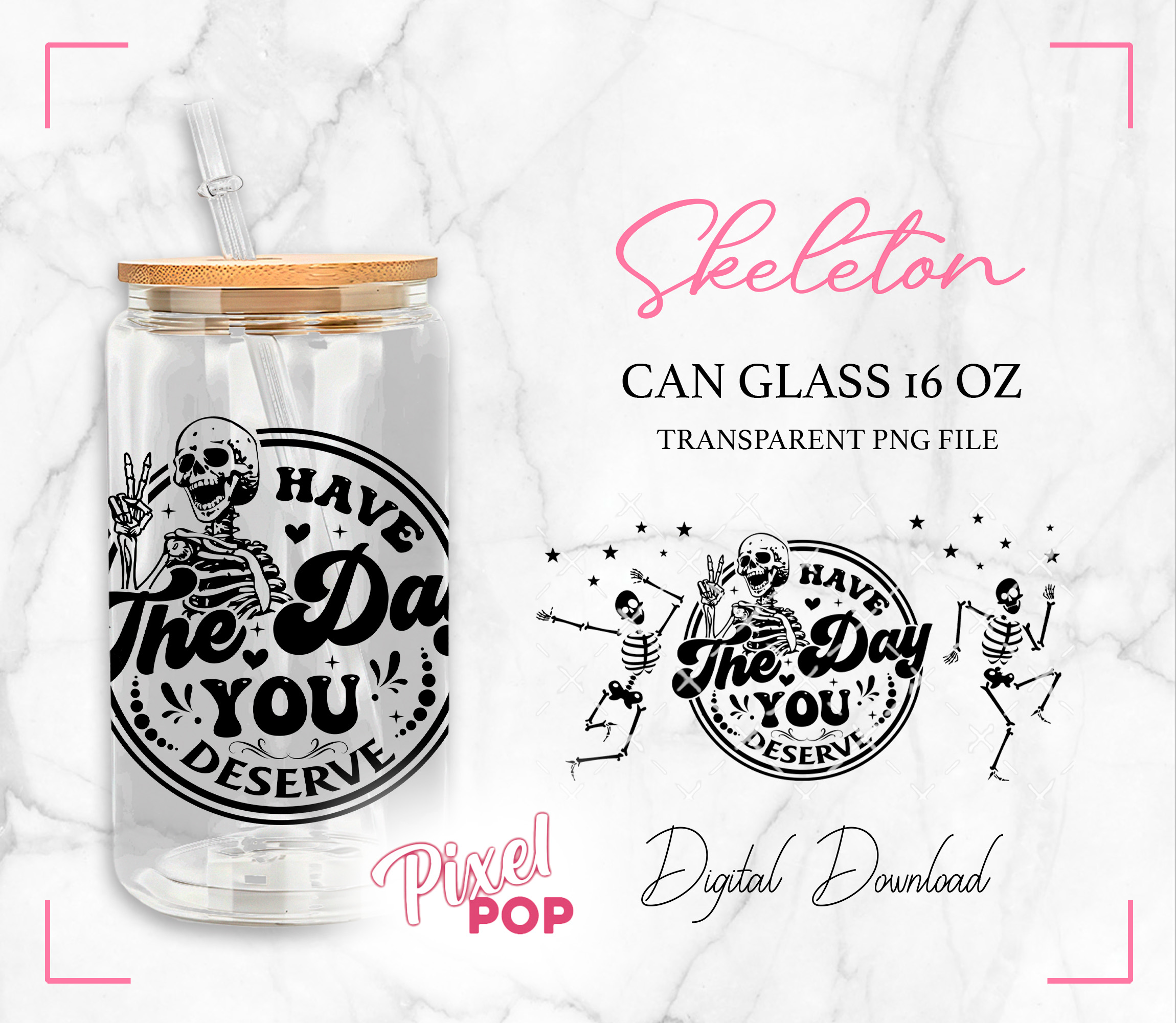 Skeleton 16 oz Libbey Glass Can - Glass Can Cup Wrap - Payhip