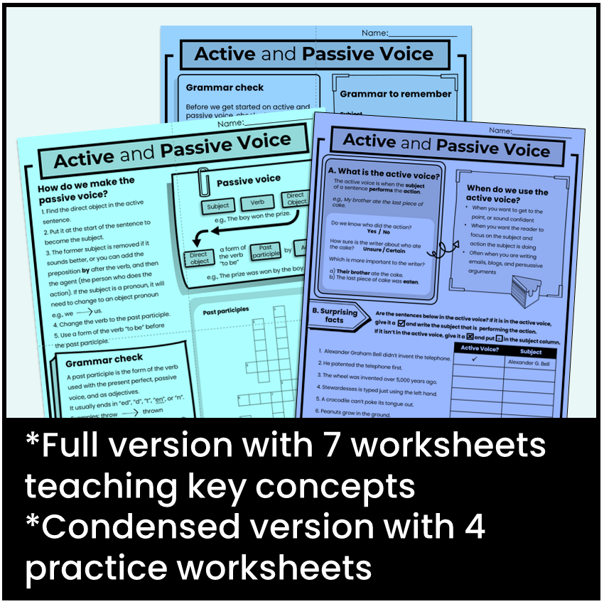 Active and Passive Verb Voice Digital and Printable Worksheets 7th, 8th ...