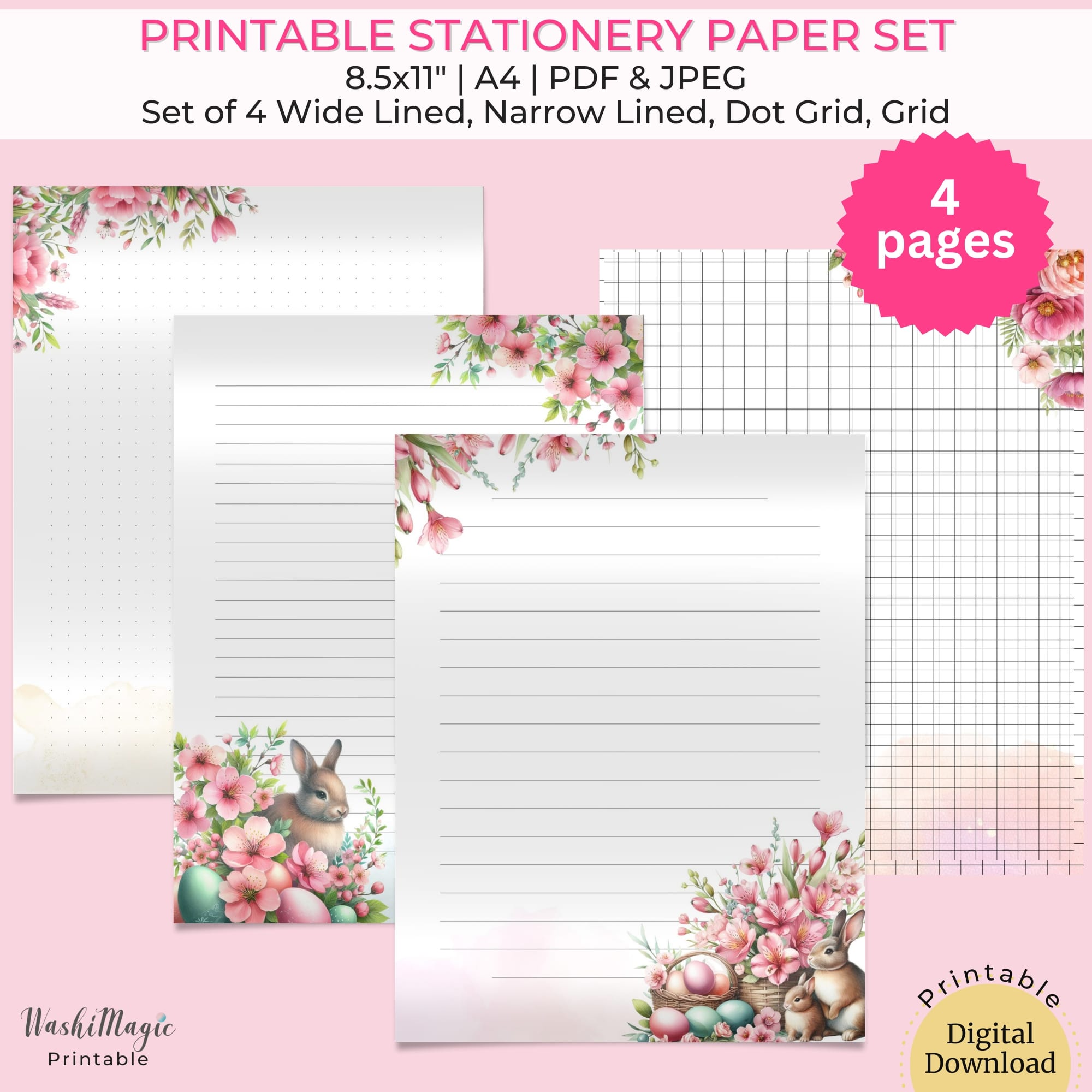 Easter Bunny Flower Note Paper Printable - Payhip