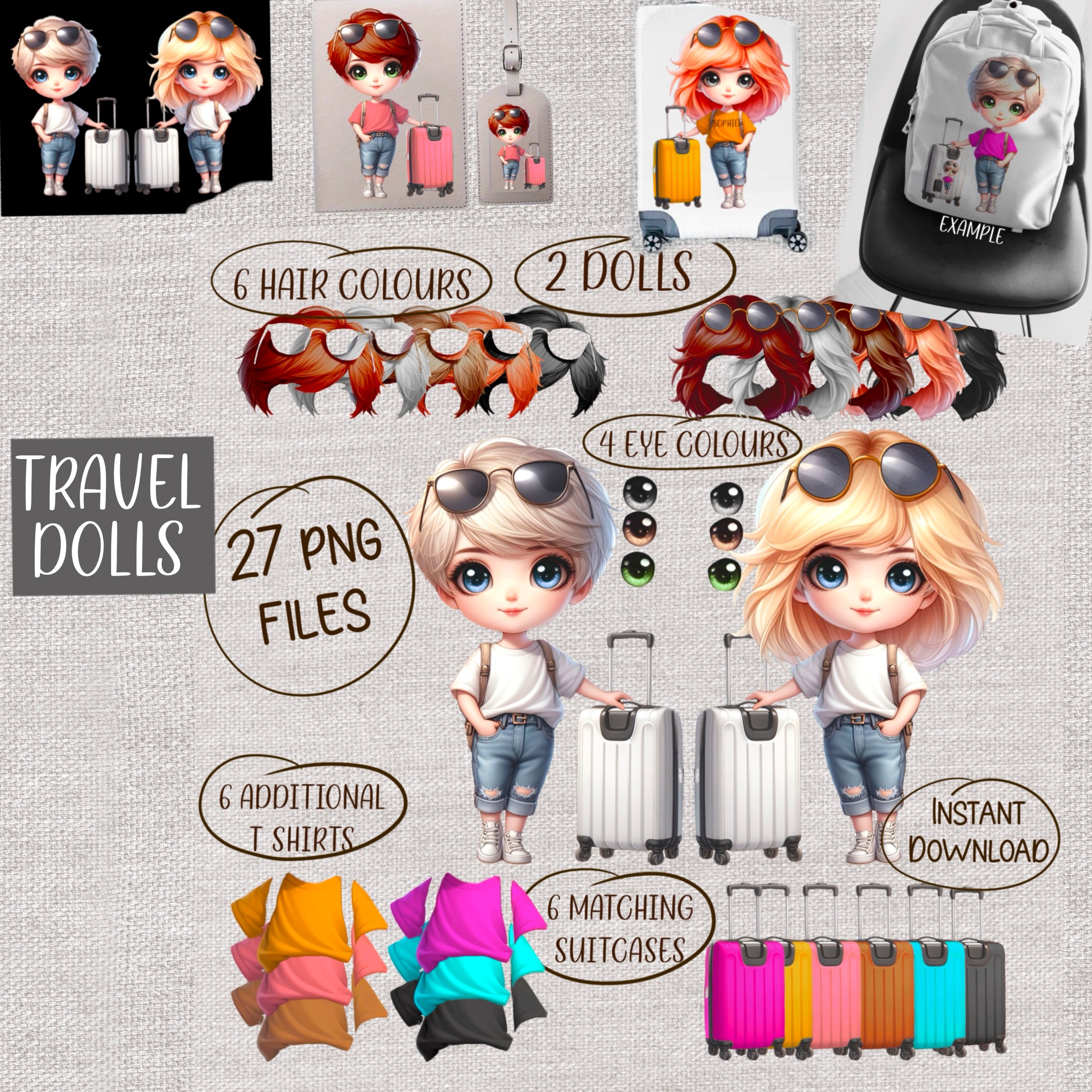 Travel girls Chibi doll. 2 dolls; long and short hair, blonde, brunette ...