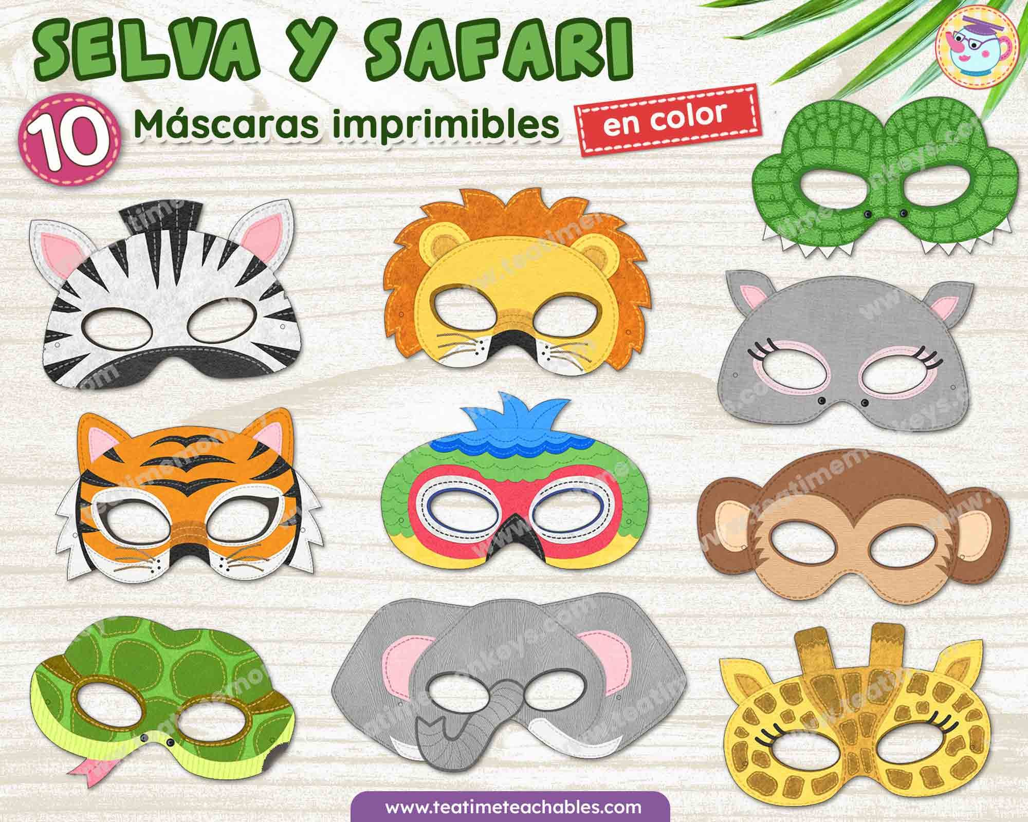 Animales de la selva y safari: Máscaras PRECOLOREADAS - Payhip