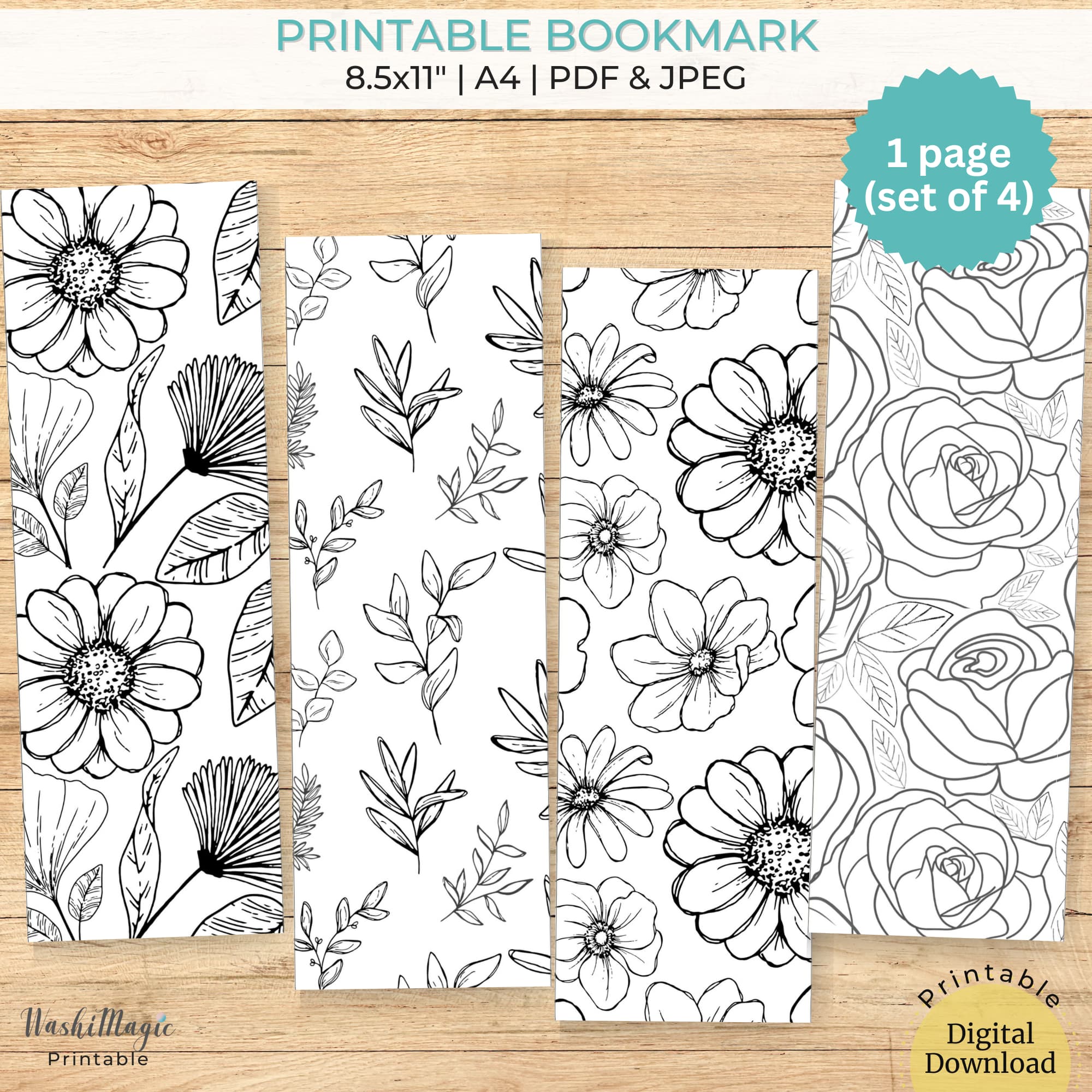 Printable Bookmarks Set of 4 Black & White Coloring Floral Leaves - Payhip