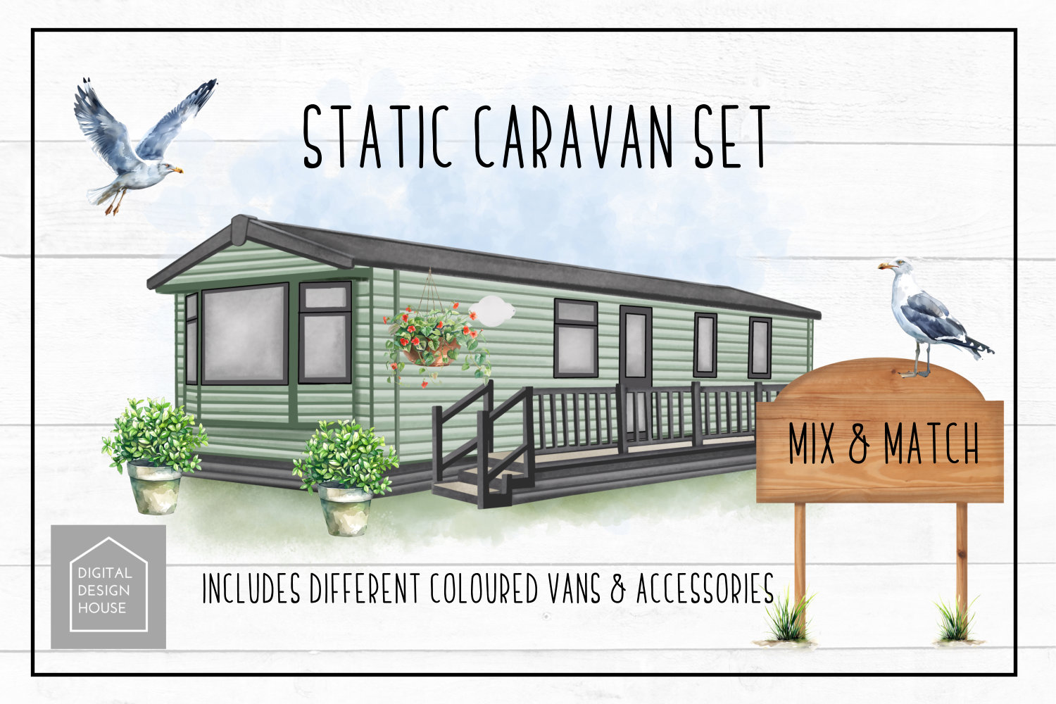 Static Caravan| Watercolour Holiday Home Scene Builder PNGS - Payhip