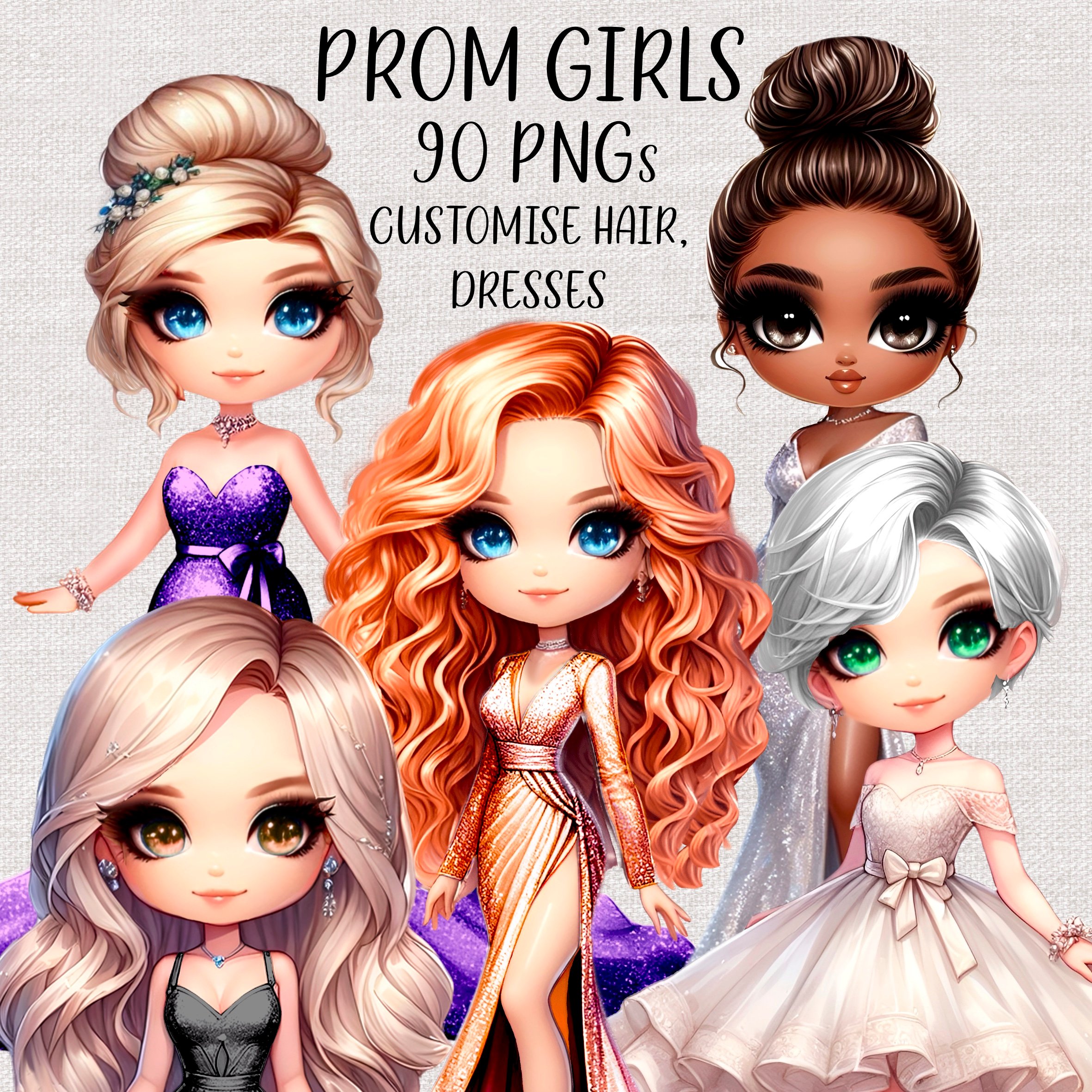 Chibi prom girls, evening dress, ball gown, 15 readymade dolls, each ...