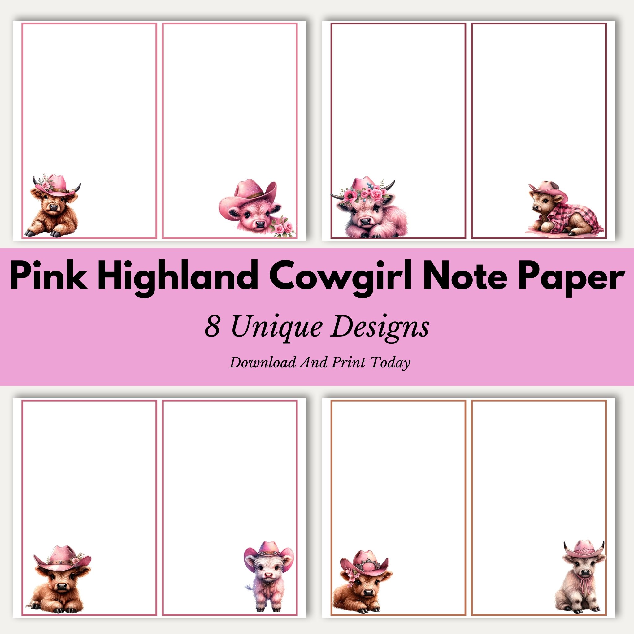 Pink Highland Cowgirl Note Cards | Printable Pink Highland Cow ...