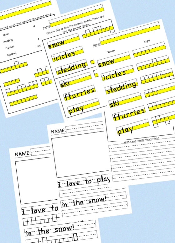 Winter writing activity with boxing for each letter;pdf