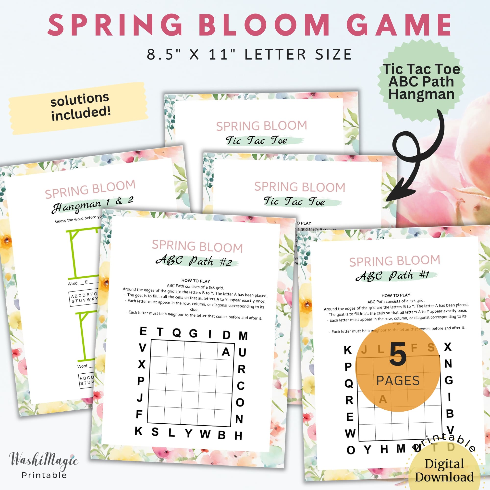 Spring Bloom Game Printable Hangman, ABC Path, Tic Tac Toe - Payhip