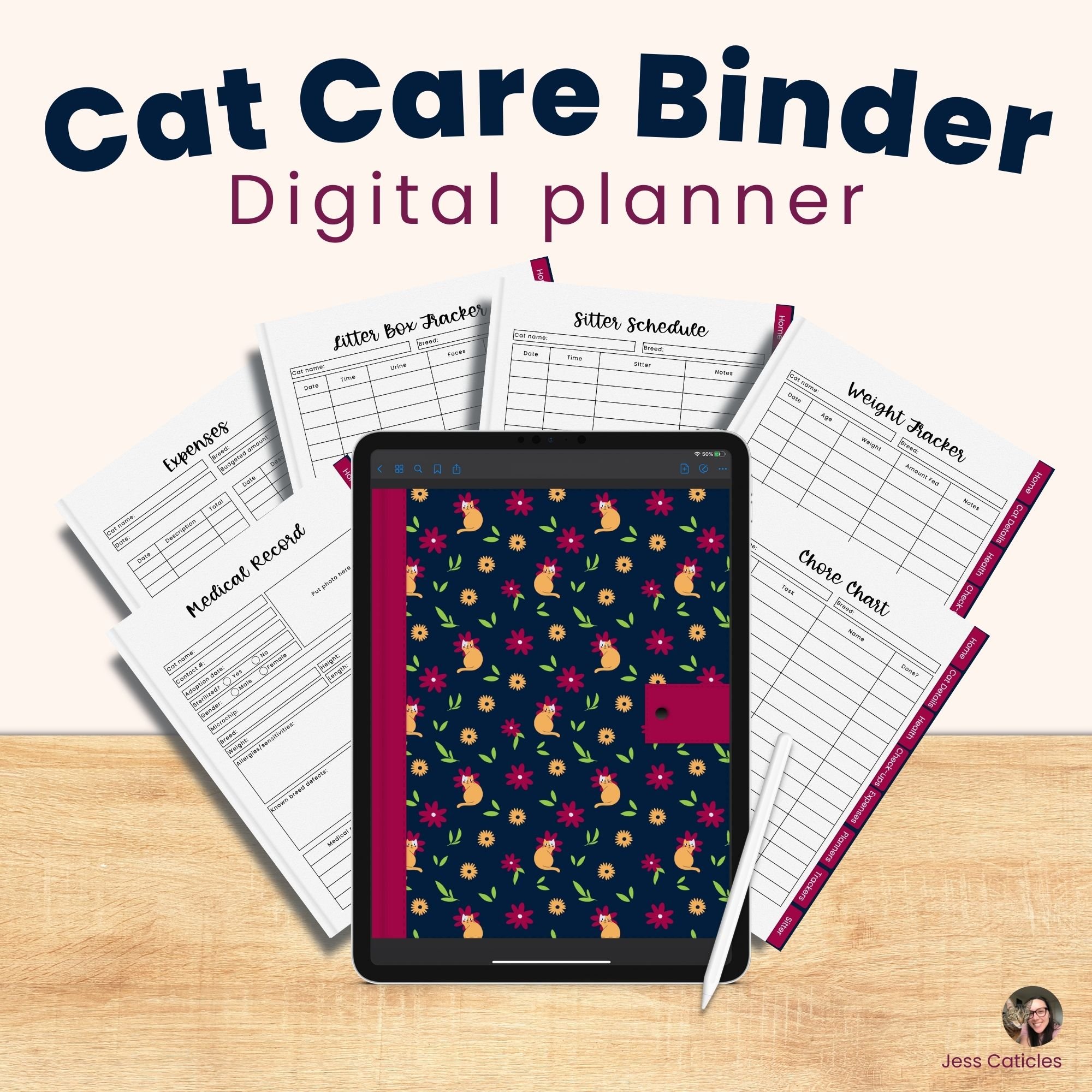 Digital cat care binder planner - raspberry floral