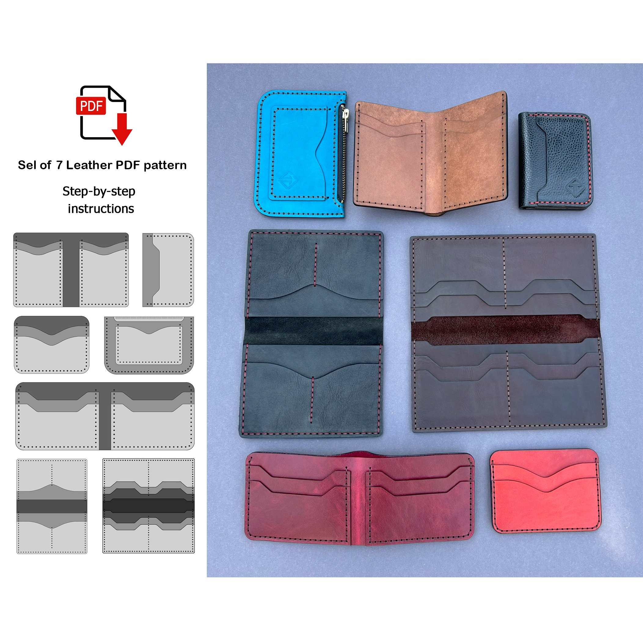 Set of 7 Leather Wallet Pattern, Leather Wallet PDF, Bifold Wallet pdf ...