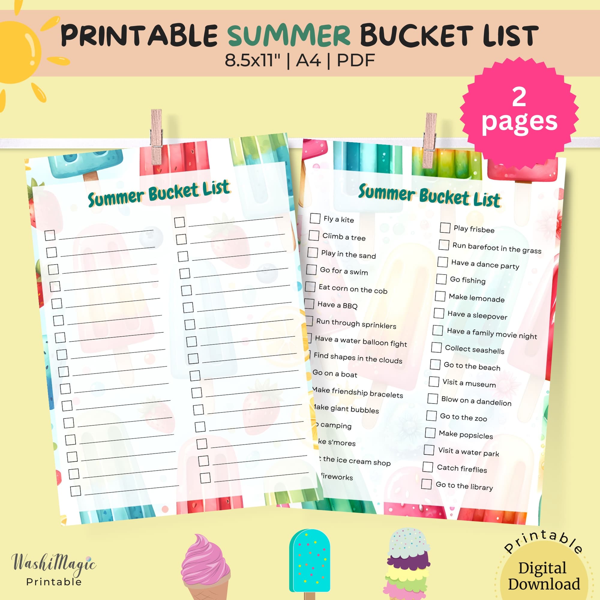 Ice Cream-Themed Summer Bucket List Printable, Summer Activities for ...