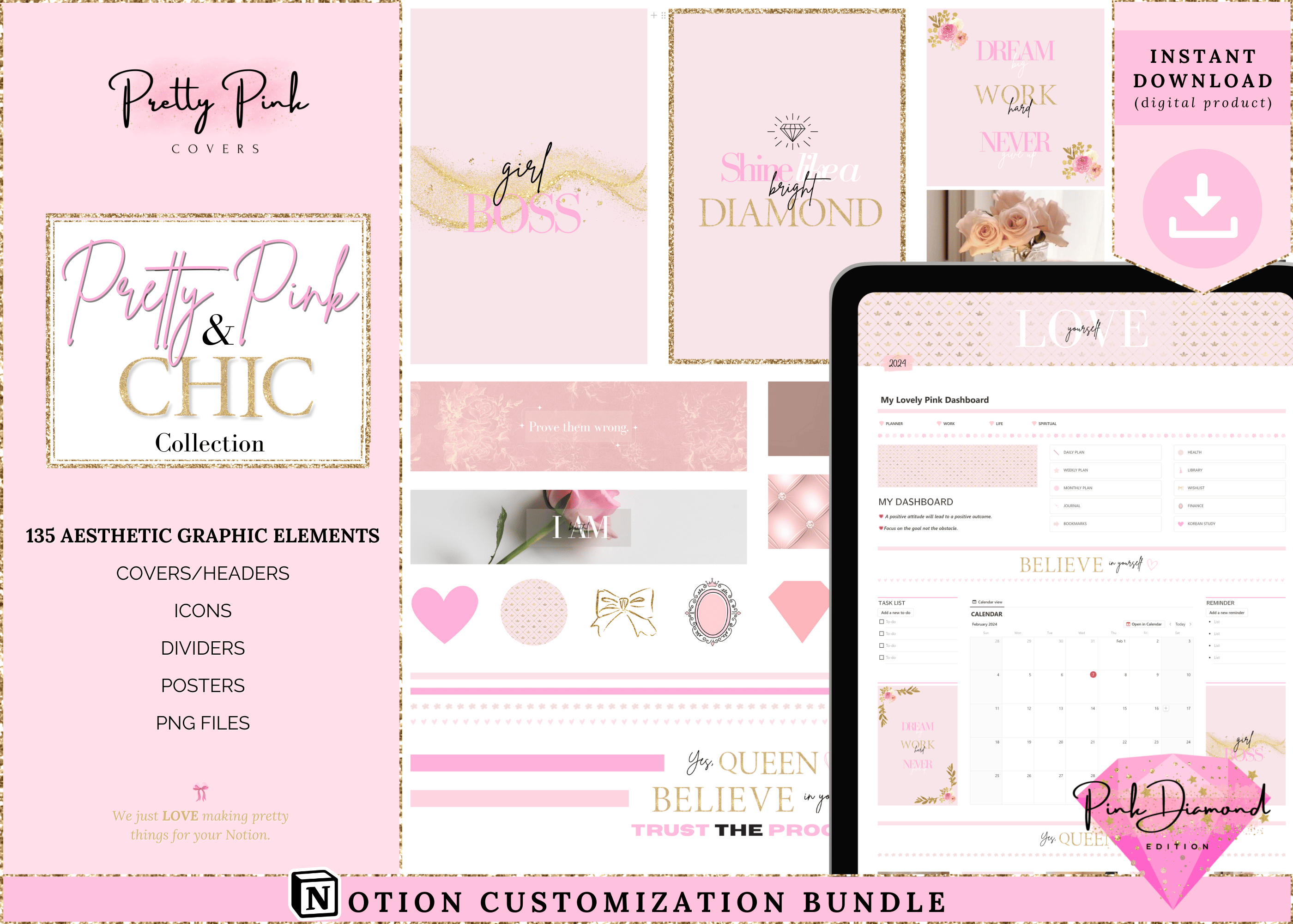 Pretty Pink Covers - Aesthetic Notion Customization Bundles