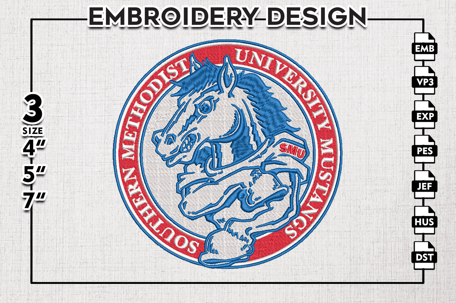 NCAA SMU Mustangs Round Logo Embroidery Design Files, NCAA SMU Mustangs ...