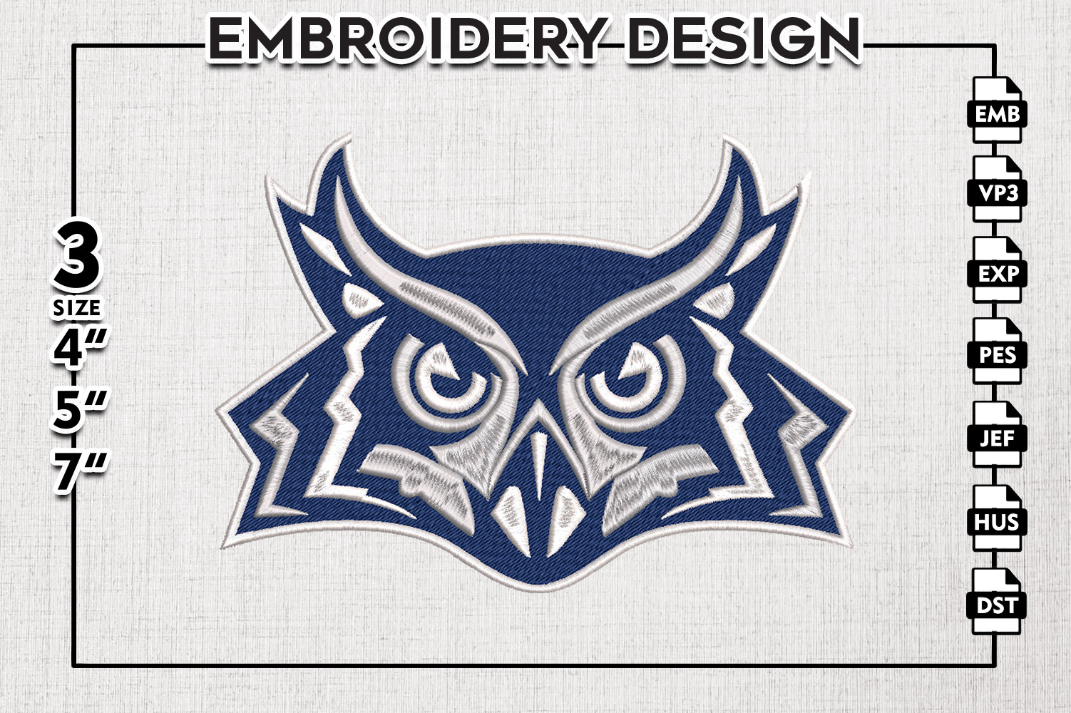 Rice Owls Mascot Logo Embroidery Files, NCAA Rice Owls Team Embroidery ...
