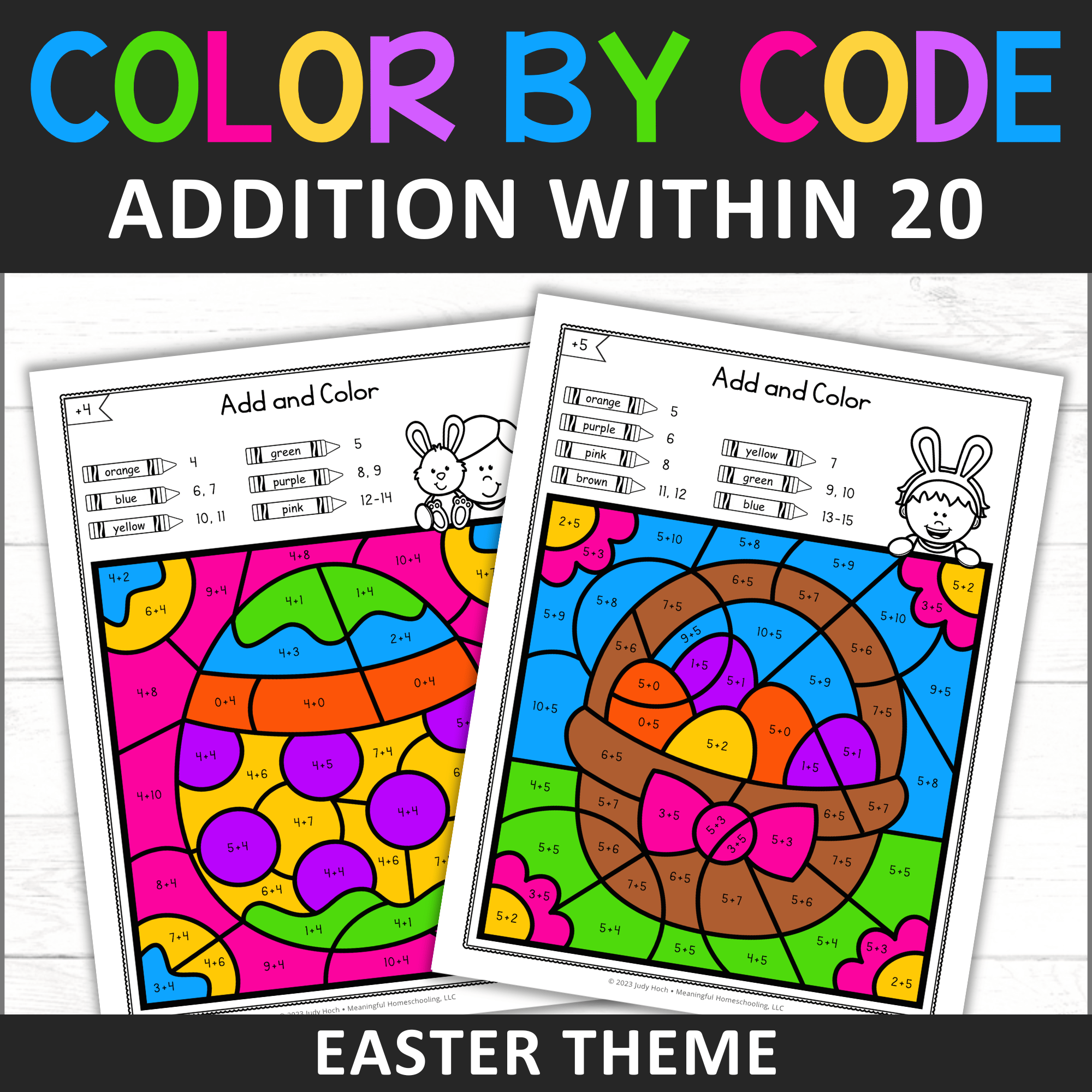 Easter Color by Code Addition Worksheets