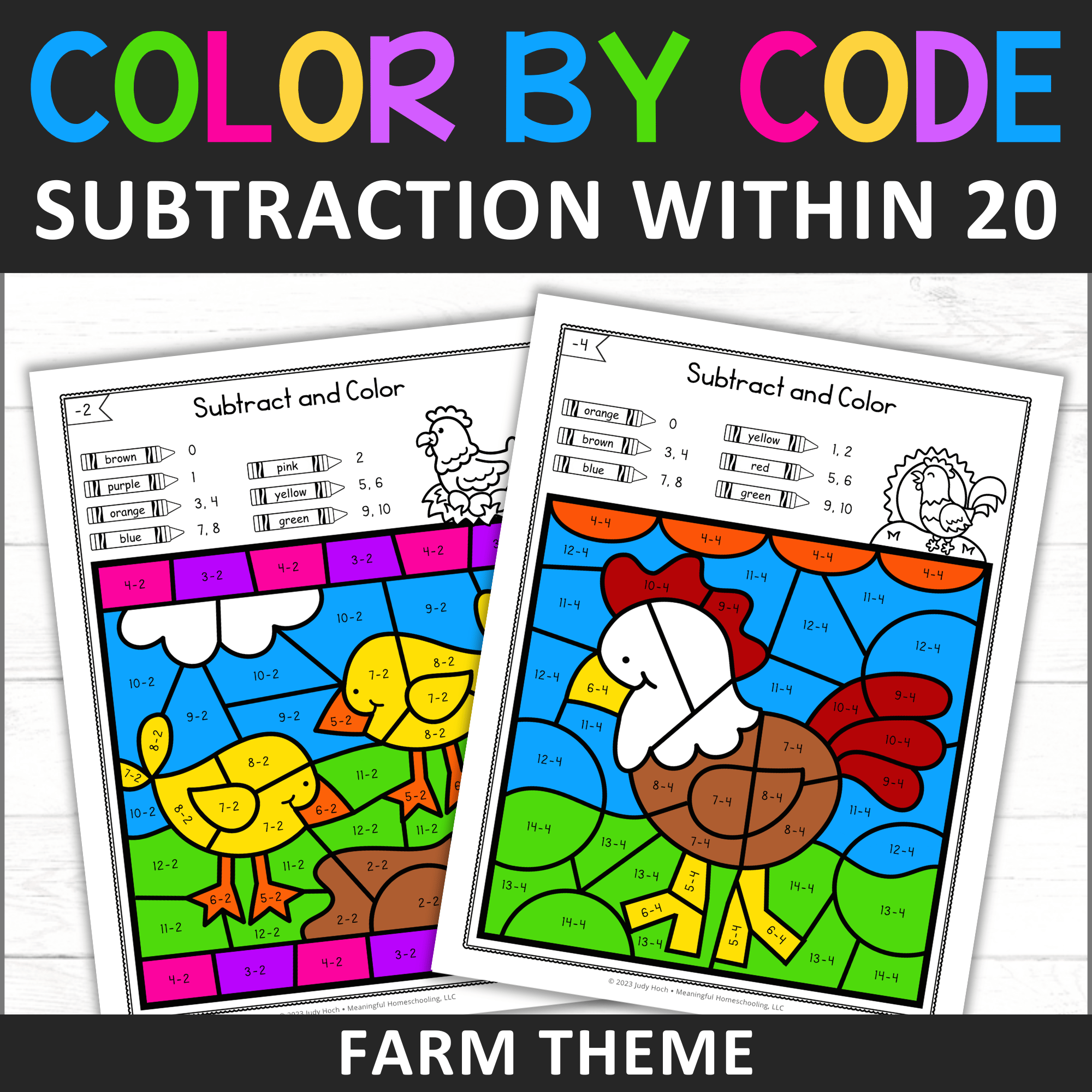 Color by Code Subtraction Worksheets (Farm Theme)