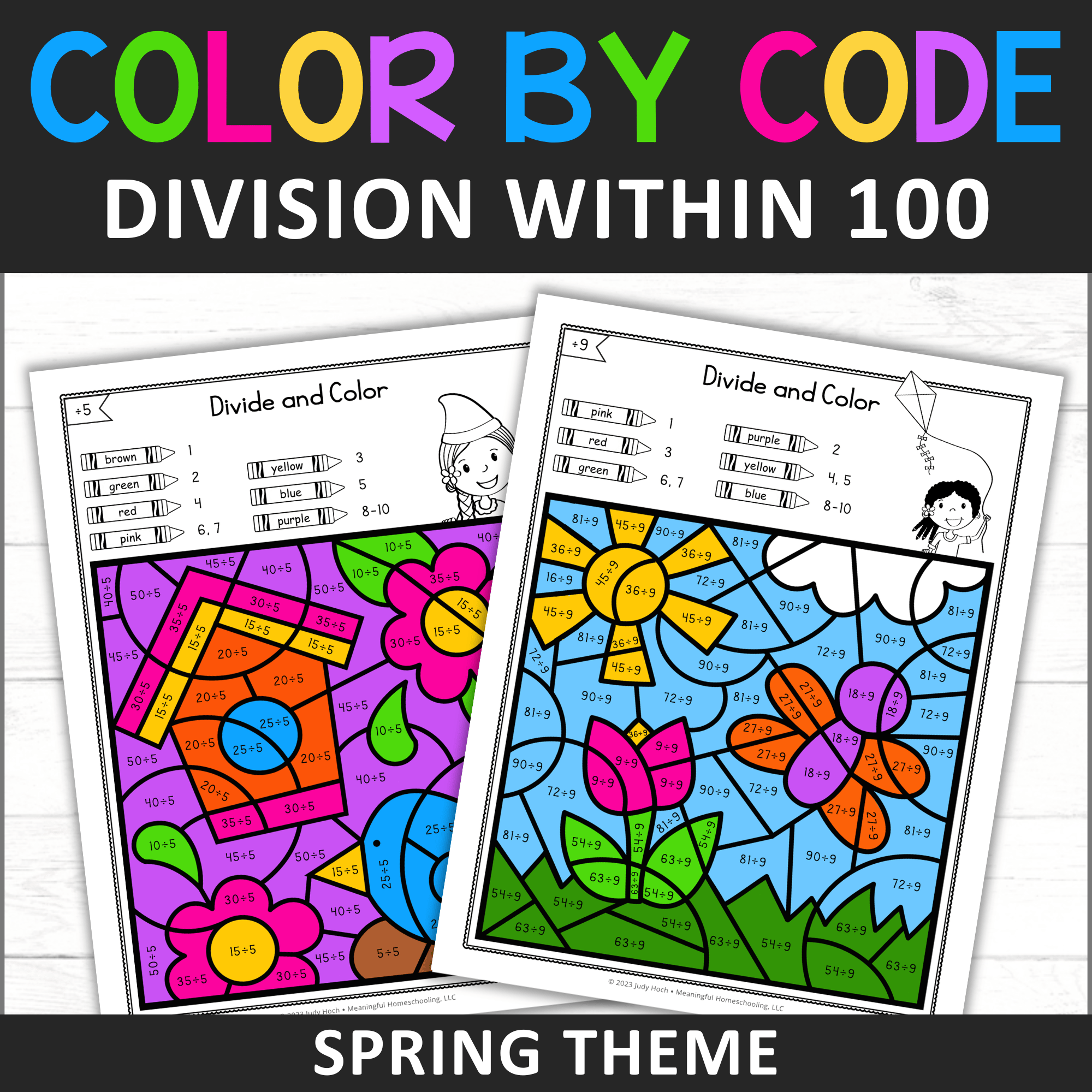 Spring Color by Code Division Worksheets