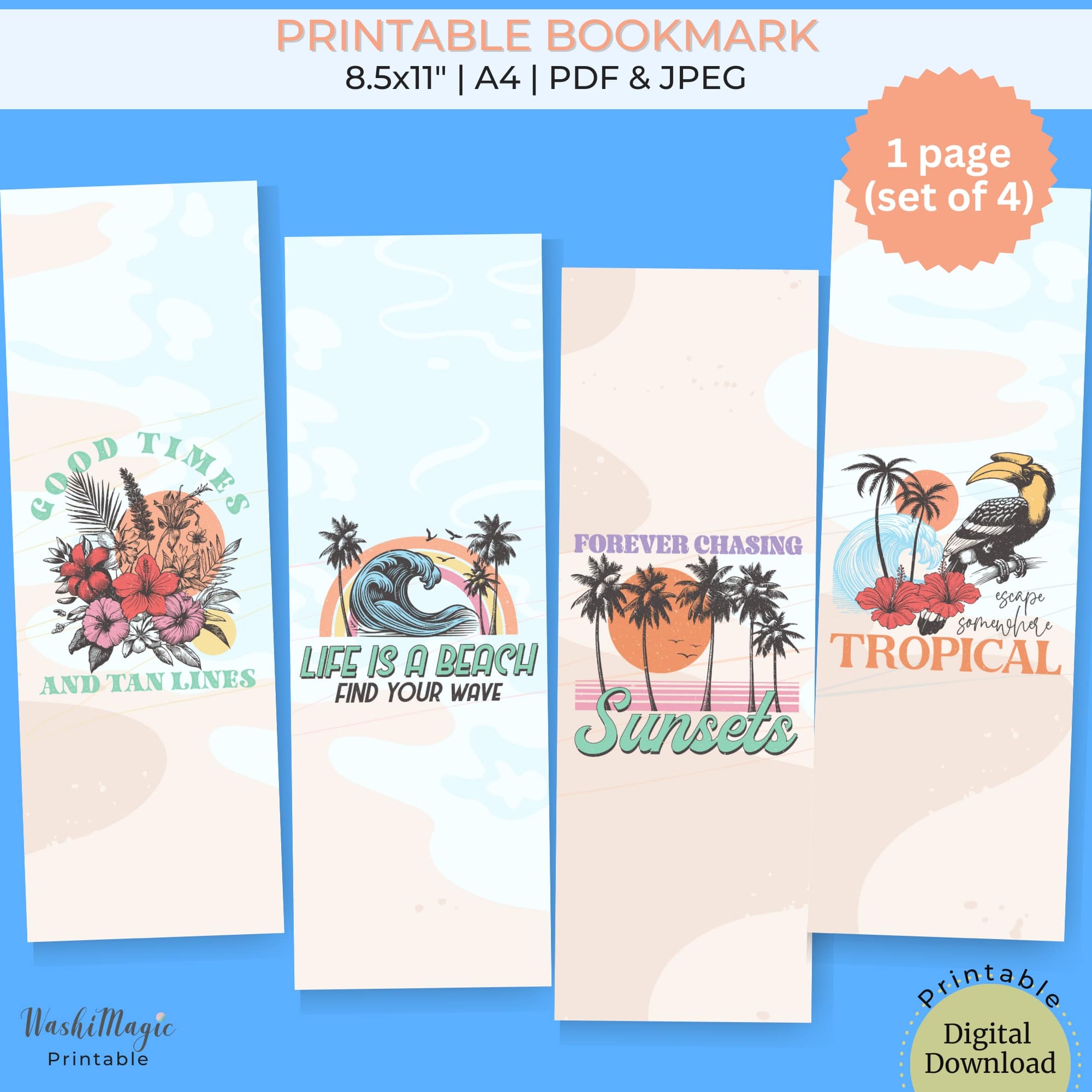Colorful Summer Vibe Printable Bookmark Set of 4, Book Lover ...