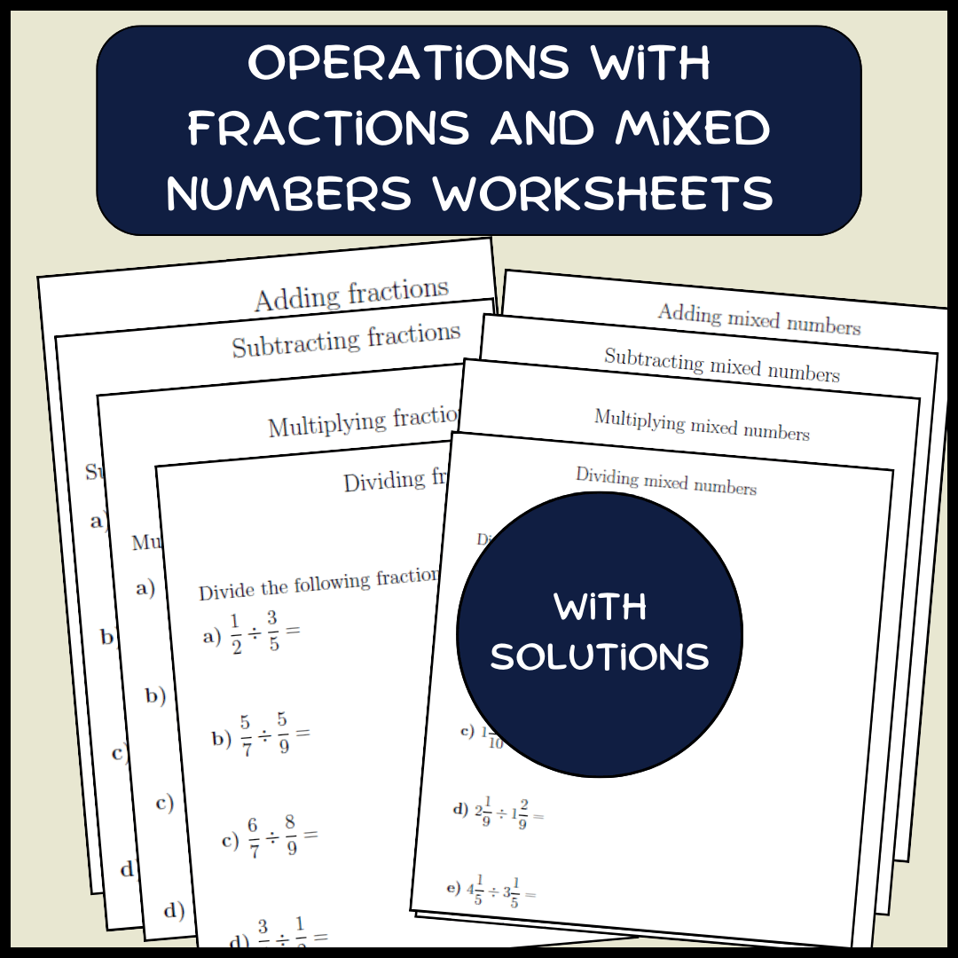 Operations with fractions and mixed numbers worksheets (with detailed ...