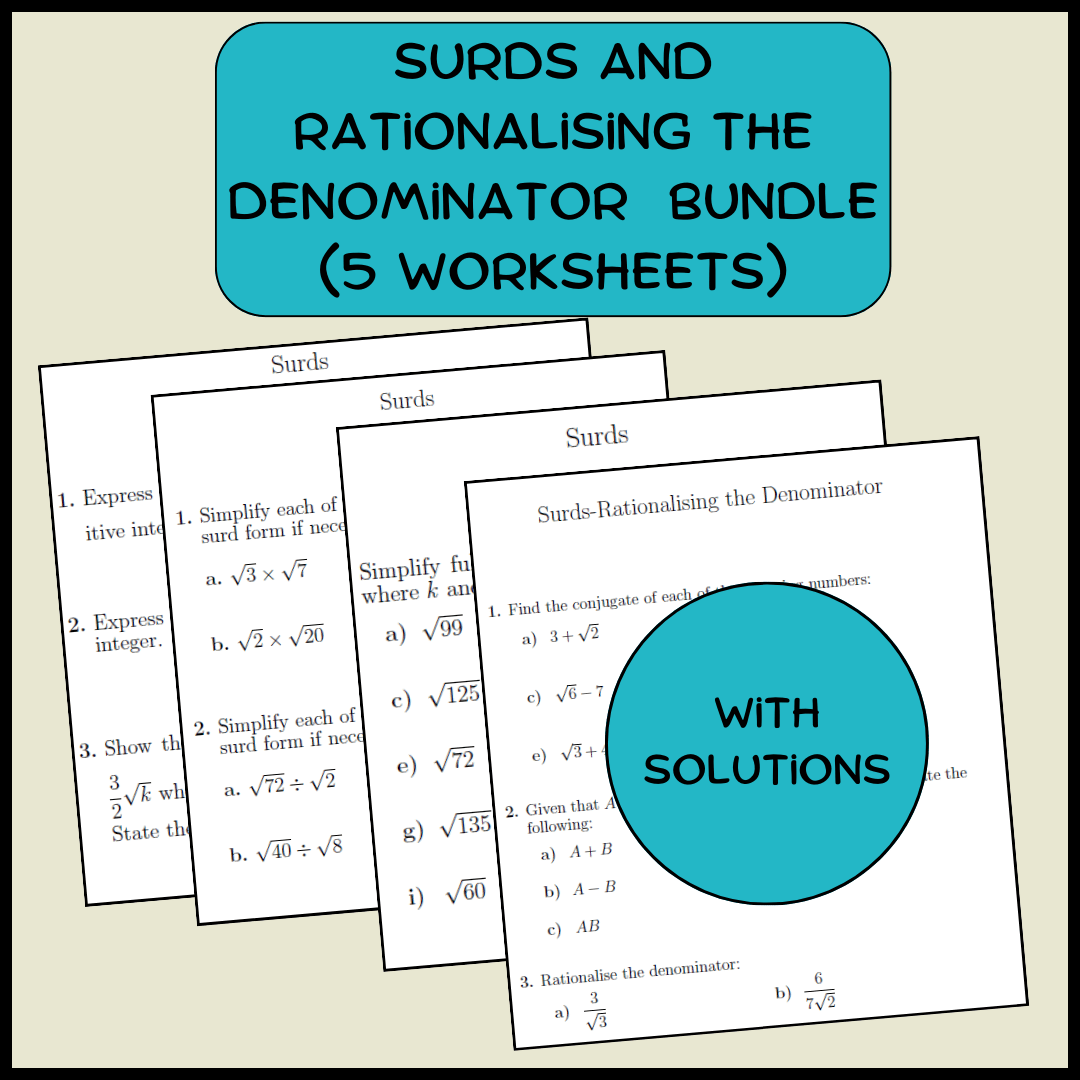 Surds and rationalising the denominator Bundle (5 worksheets)