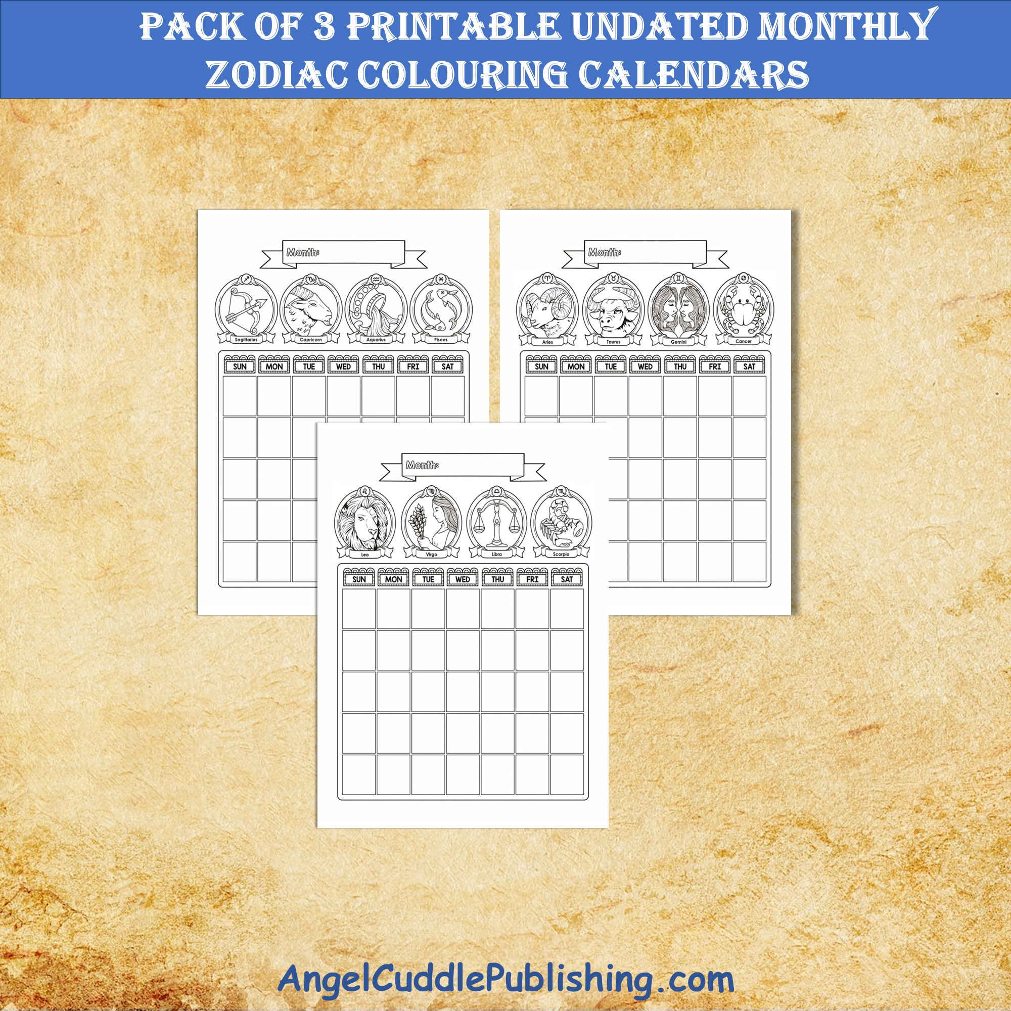 Printable Undated Zodiac-Themed Monthly Colouring Calendars - Pack of 3 ...