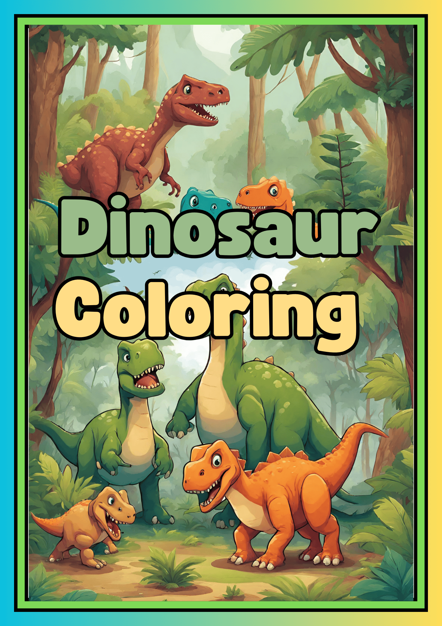 Dinosaur Coloring Poster in Colorful Lined Dinosaur Illustration Style ...