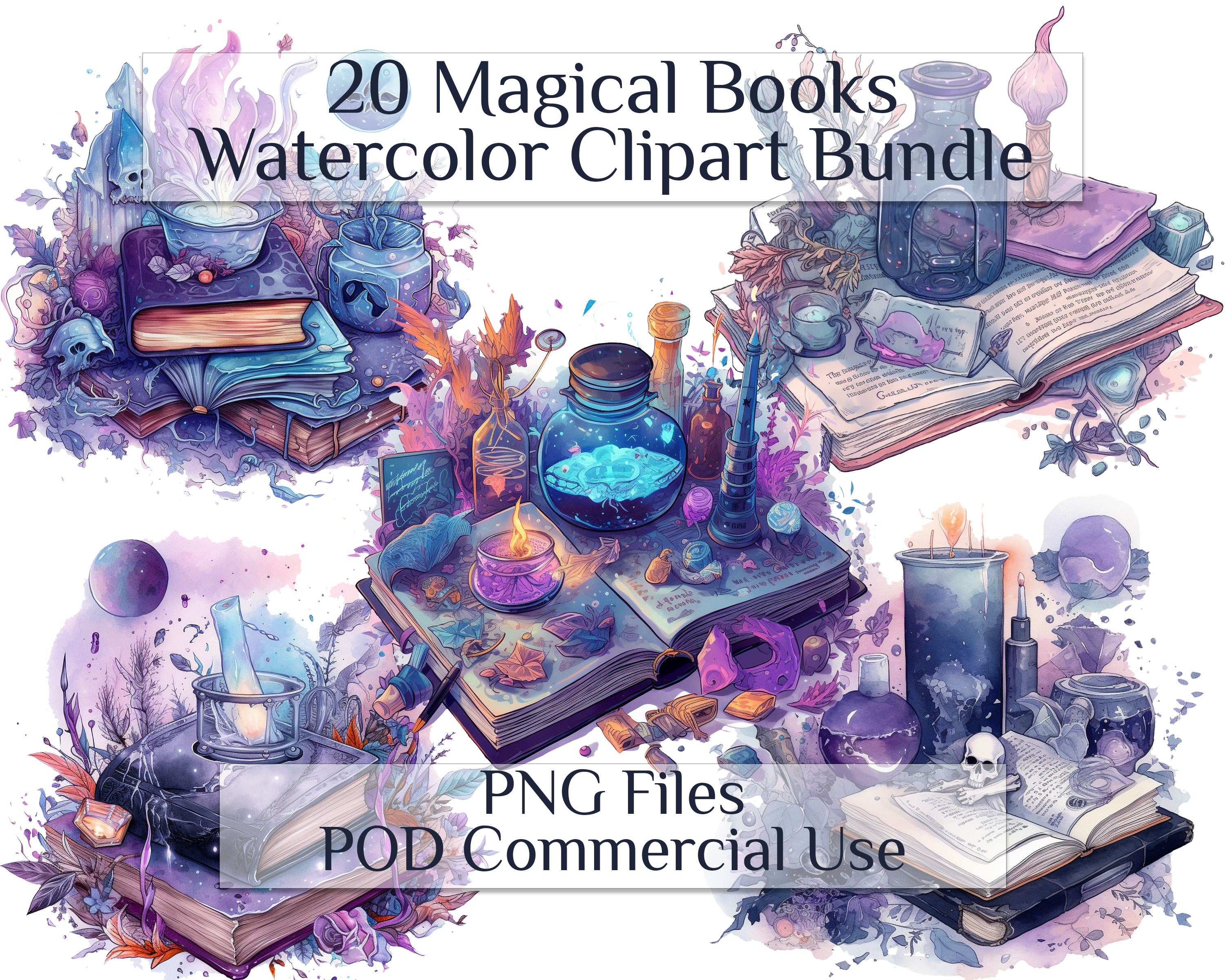 Magical Books Watercolor Clipart Bundle, Witch PNG Files, Fantasy Book ...