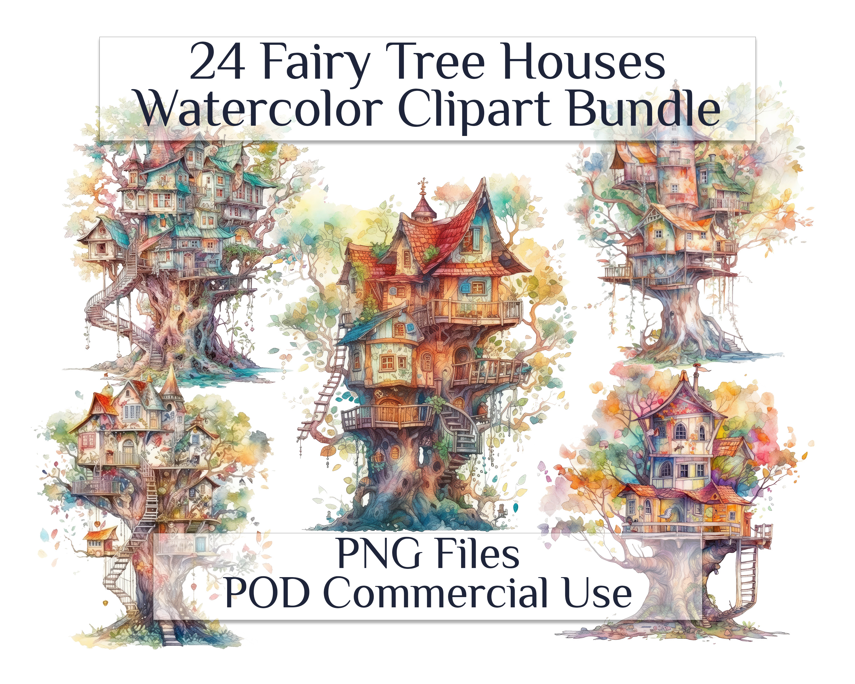 Magical Enchanted Fairy Tree House Watercolor Clipart, Fantasy Cottage ...