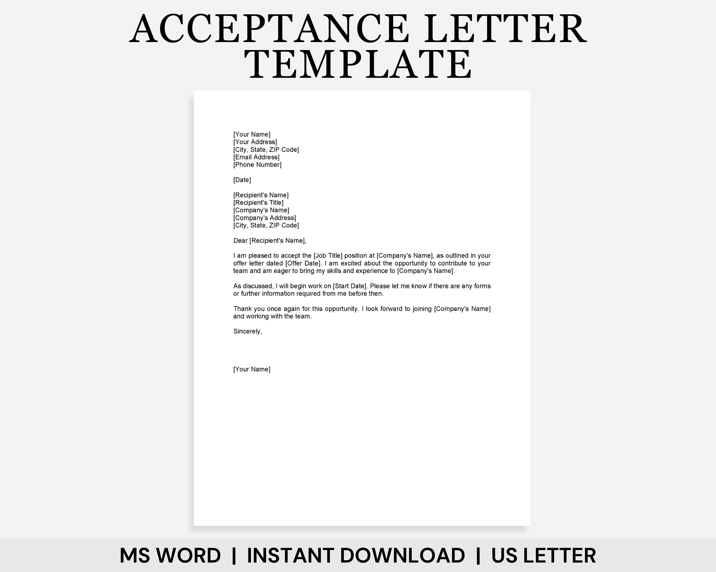 Job Offer Acceptance Letter Template, Letter of Acceptance, Acceptance ...