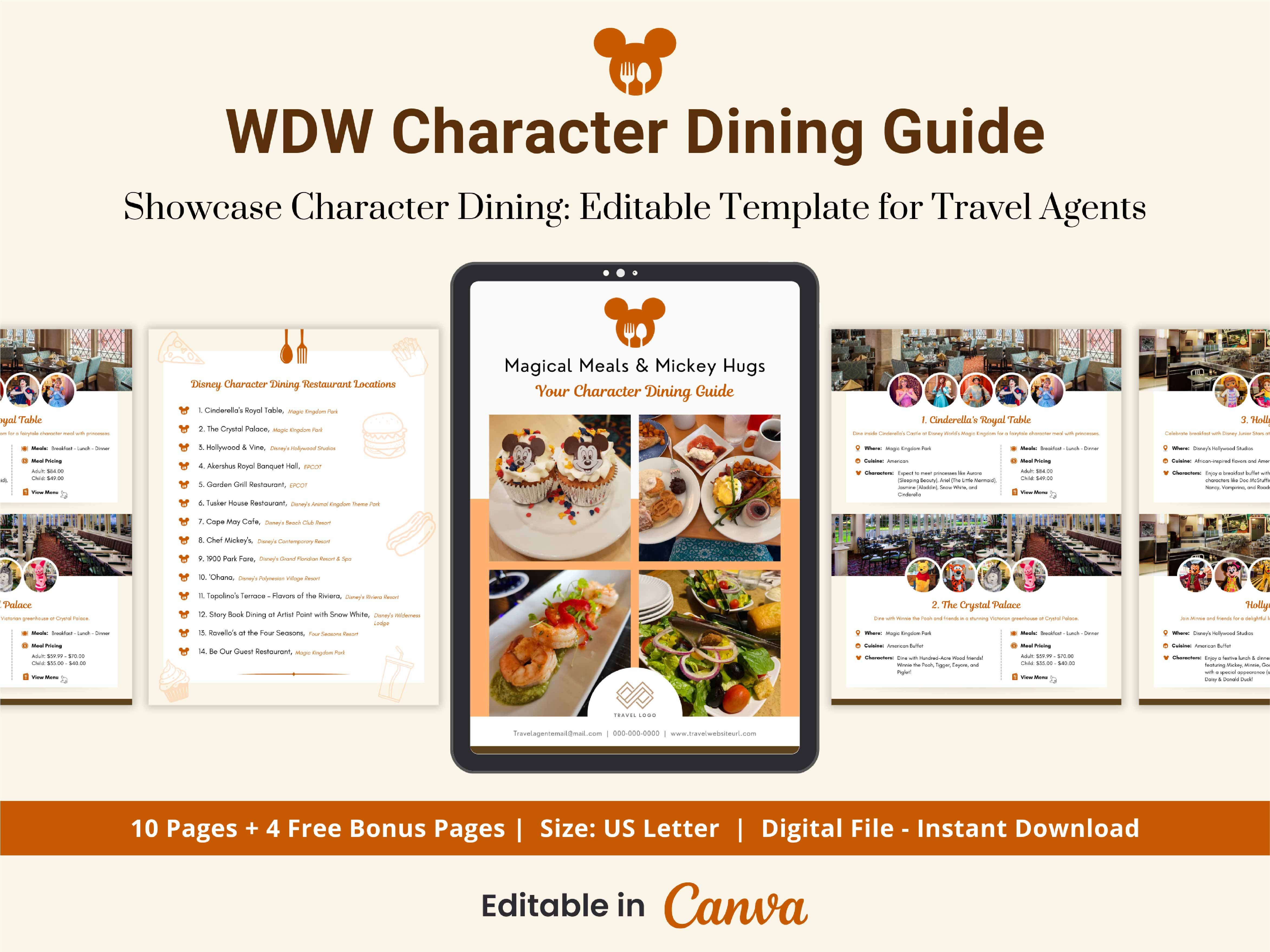 WDW Character Dining Guide with 14 Experiences, Fully Editable Template ...