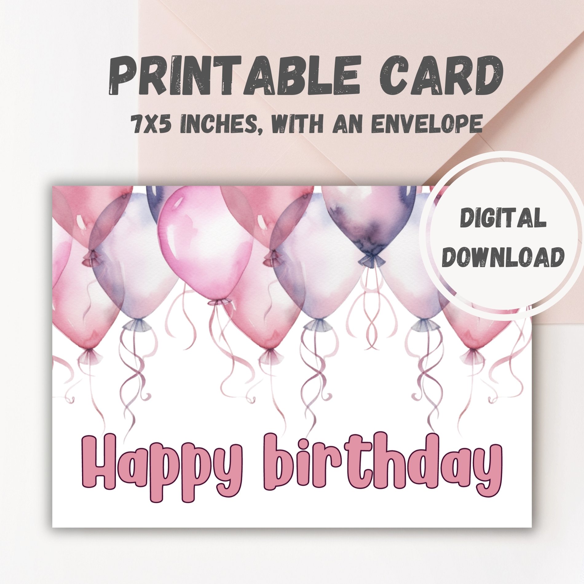 Printable Happy Birthday Card for a Girl with Pink Balloons - Payhip