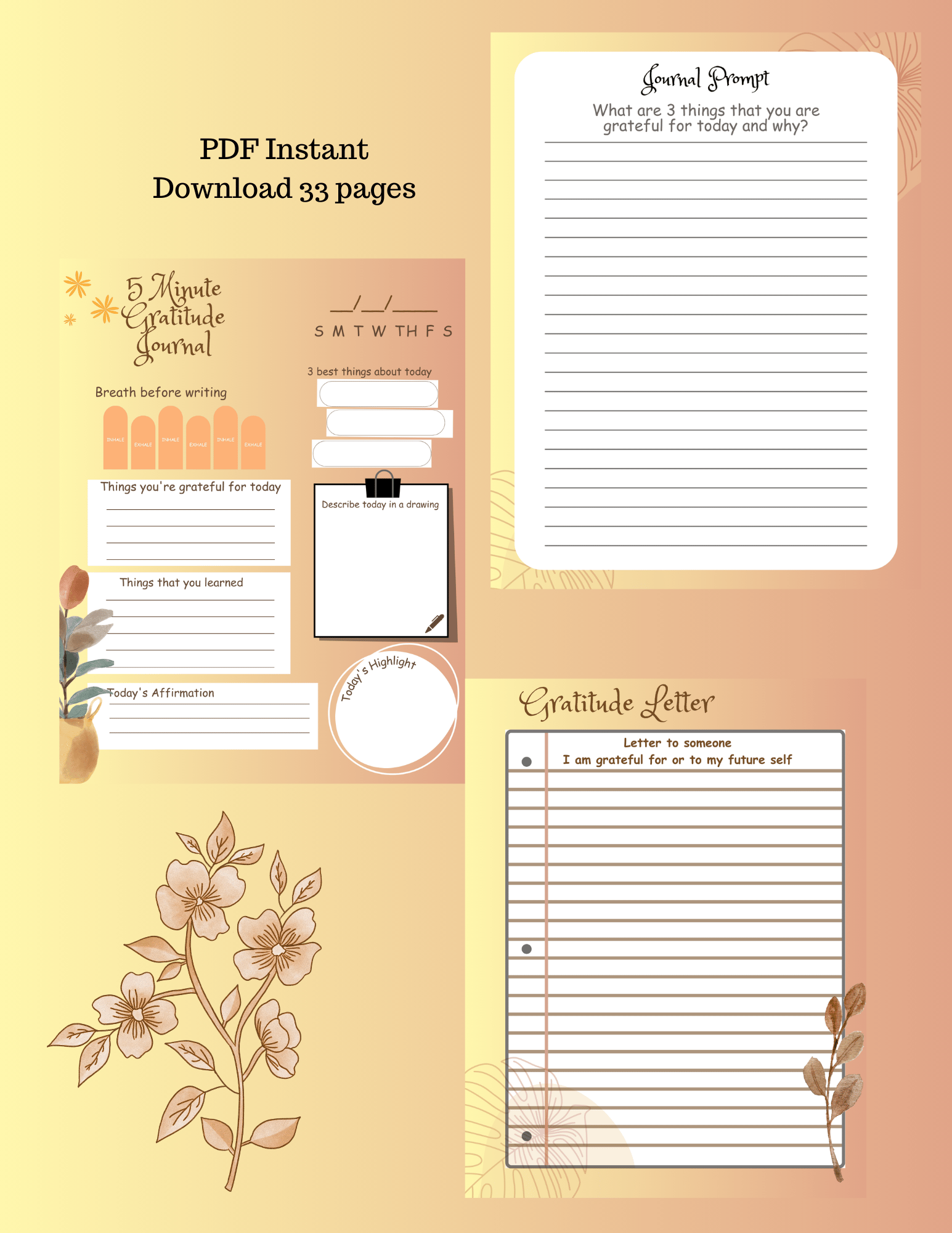 Gratitude Planner Printable – Journal Pages with Daily Prompts and ...
