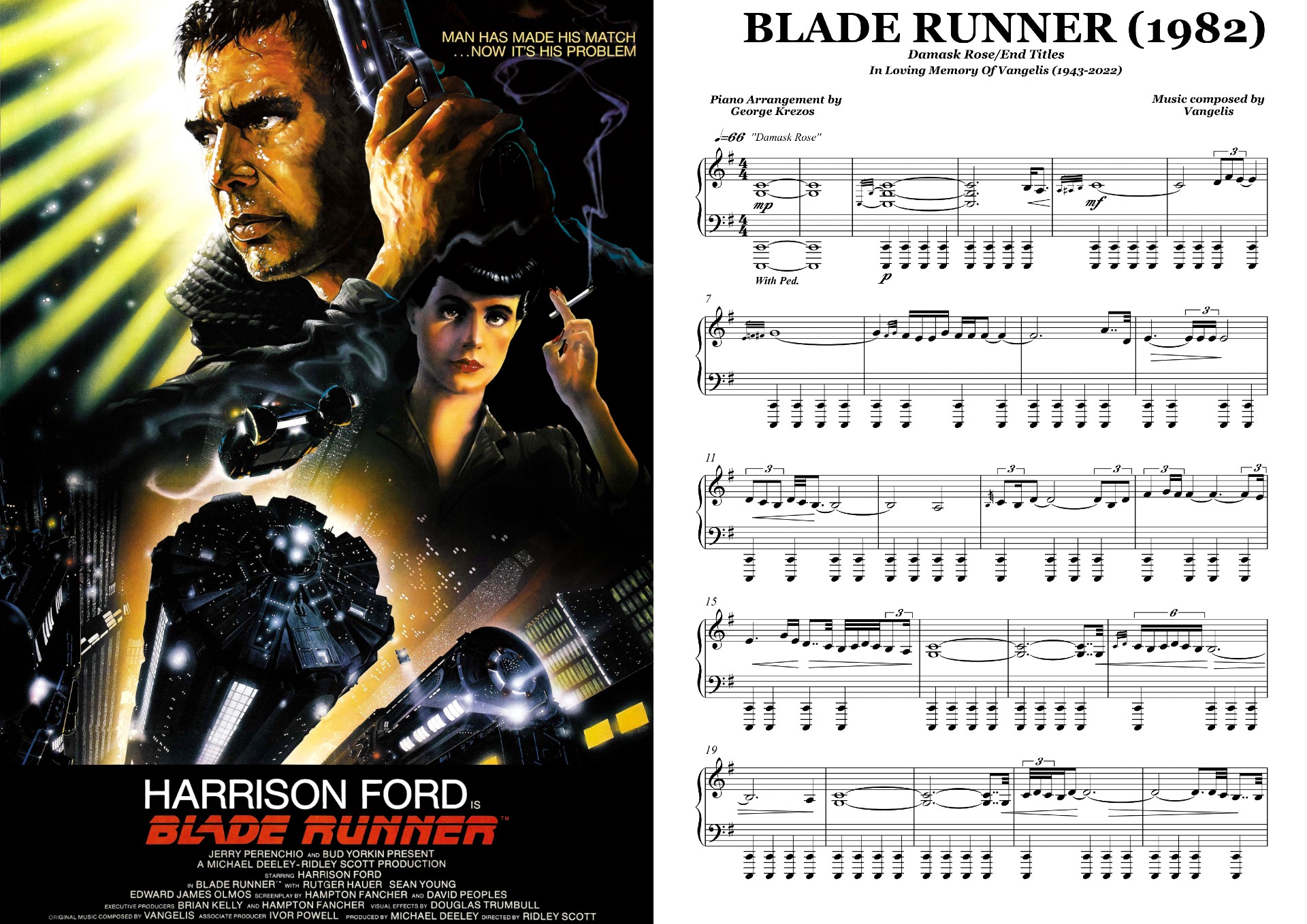 BLADE RUNNER (1982) - Damask Rose / End Titles - Vangelis (Piano Sheet ...