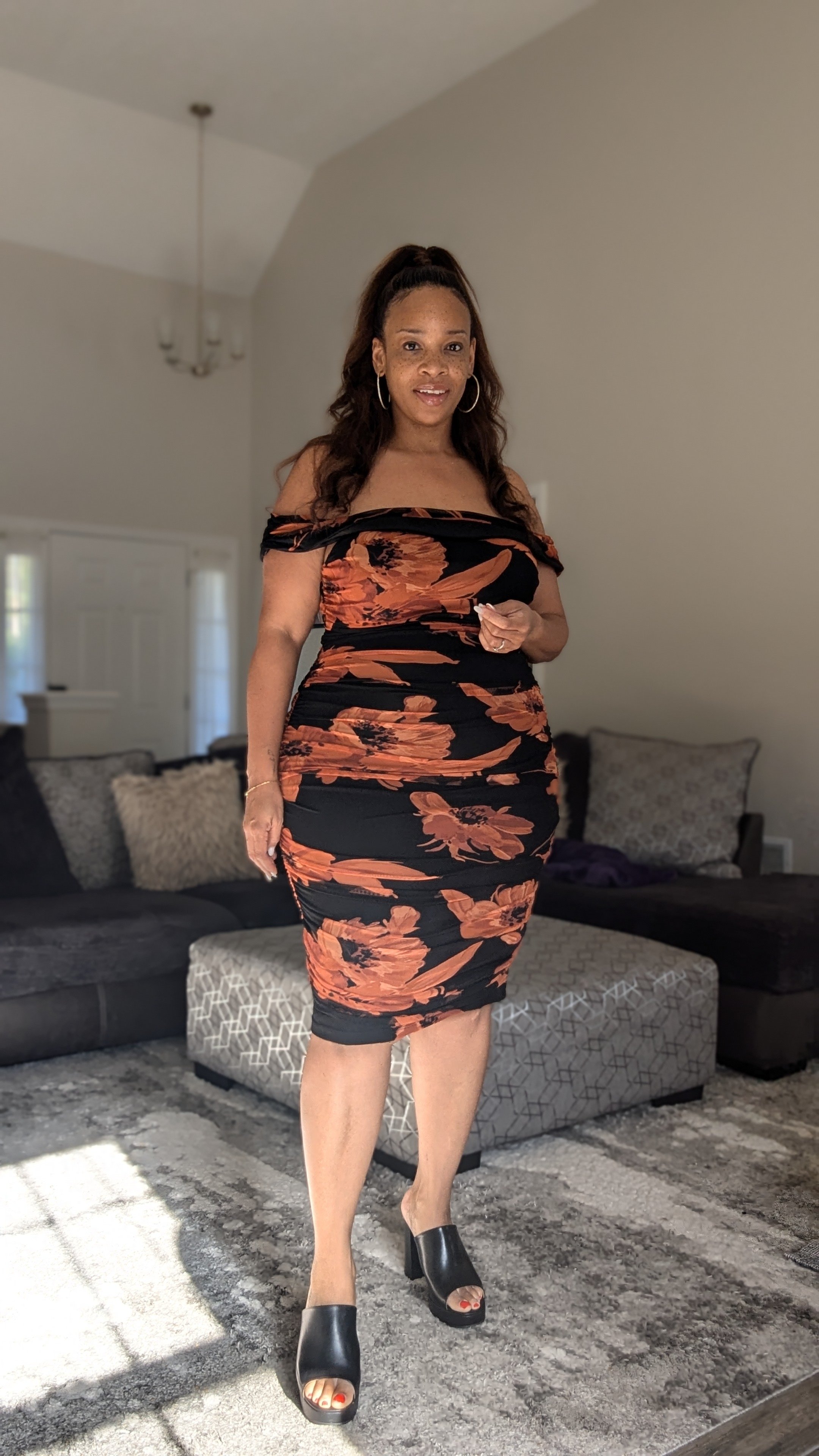 Black & Orange Floral Midi Dress - Payhip